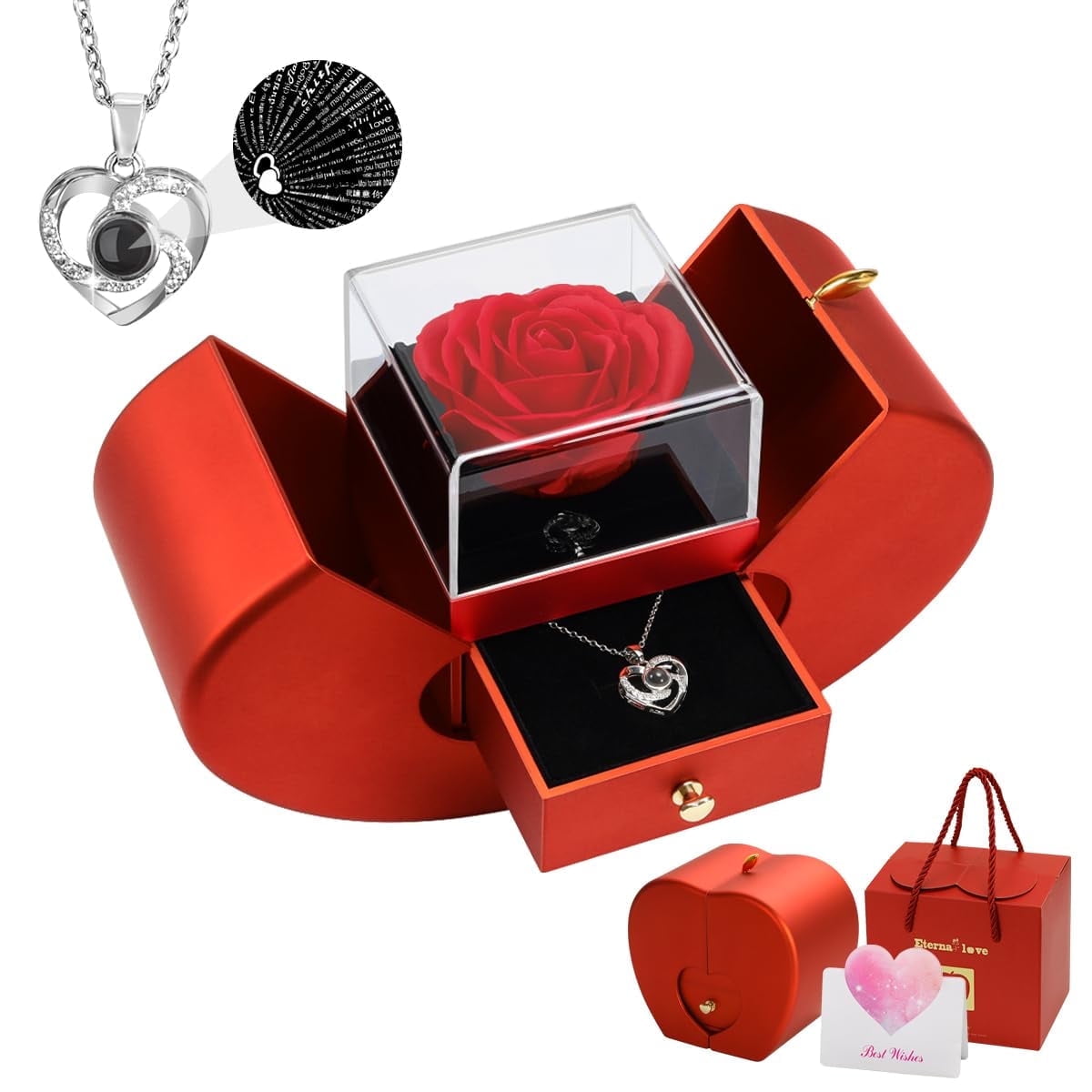 Emibele Preserved Rose & Heart Necklace Gift Set - Ideal Present for ...