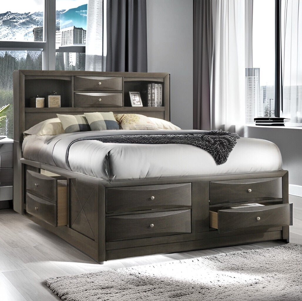 Emilia Transitional Queen Bookcase Bed with 8 Storage Drawers In Grey ...