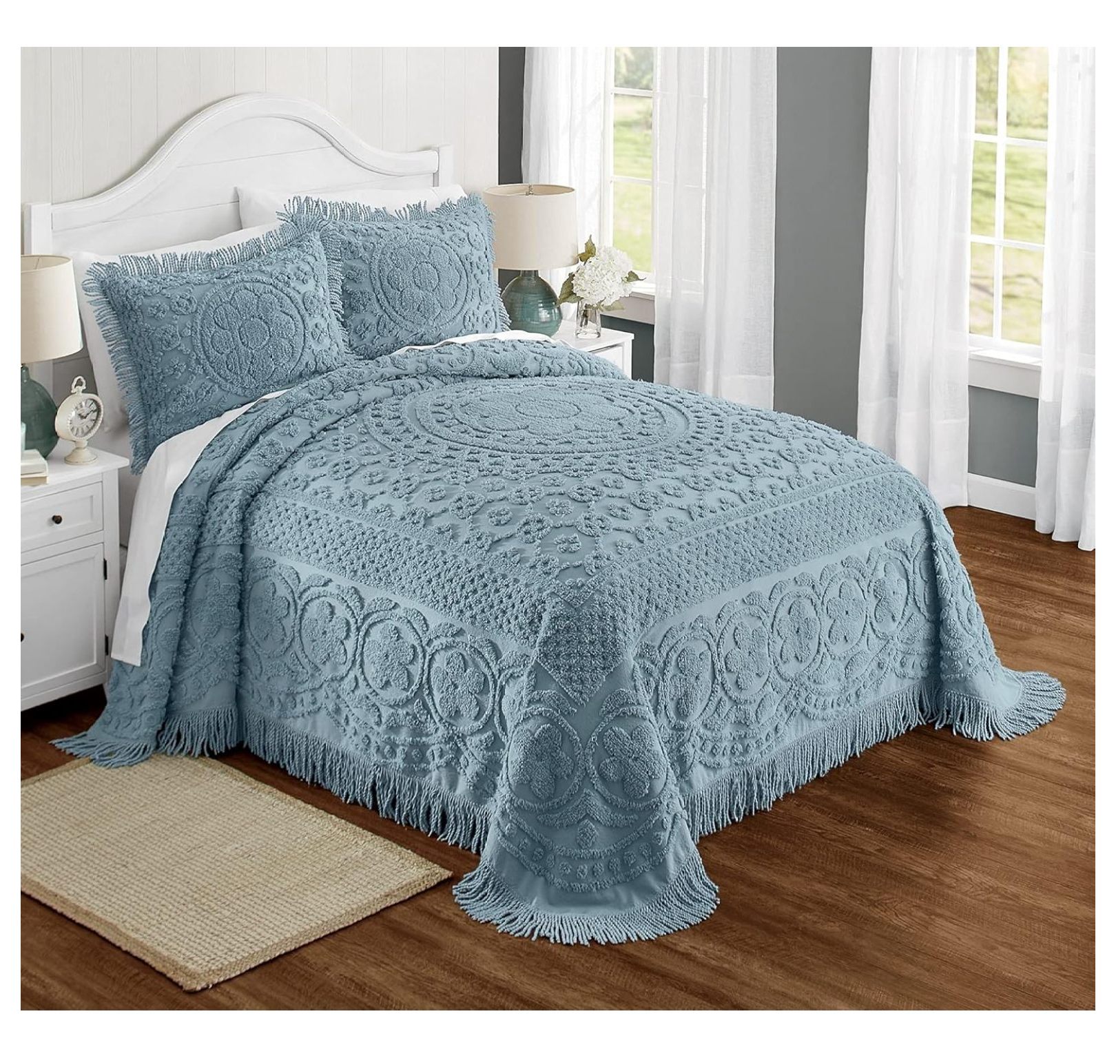 Emily Floral Chenille Bedspread Soft Cotton Full Size Blue Luxury Hotel Bedding - Walmart.com
