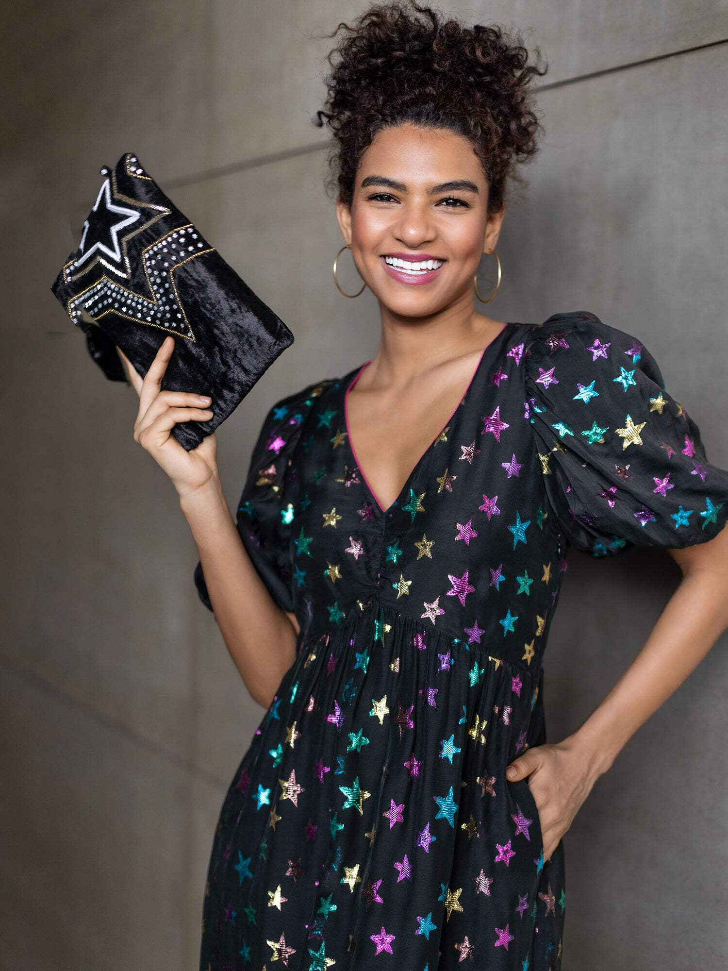 Emily Lovelock Irene Dress: Twirl-Worthy Midi with Starry Sheer Overlay ...