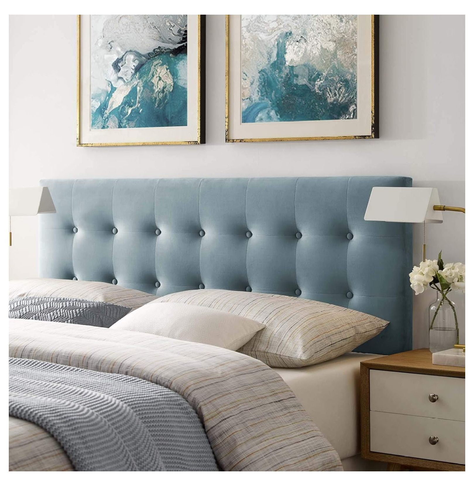 Emily Queen Biscuit Tufted Performance Velvet Headboard, Light Blue ...