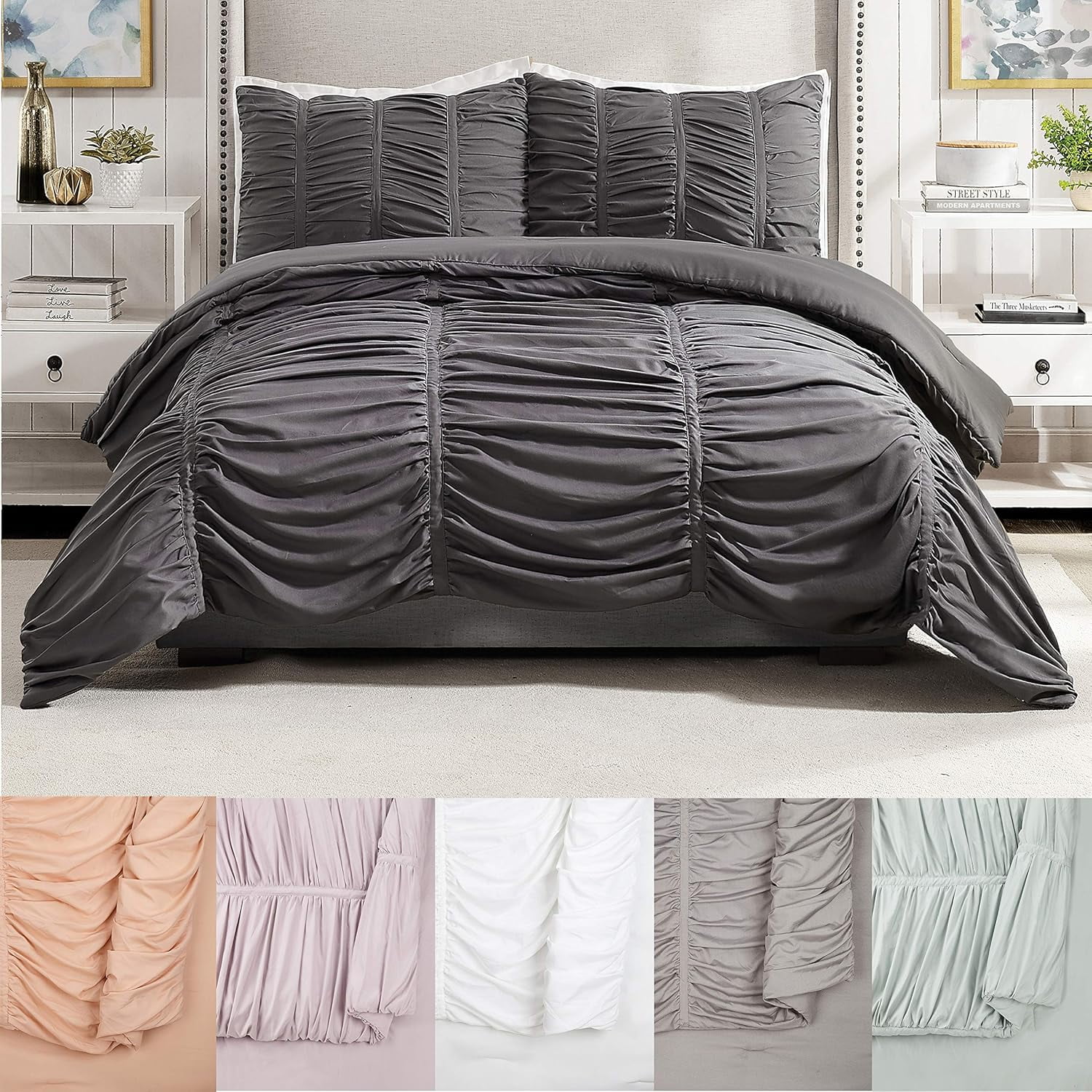 Emily Texture (Dark Gray) 3-Piece Comforter Set, Ruched All Seasons ...