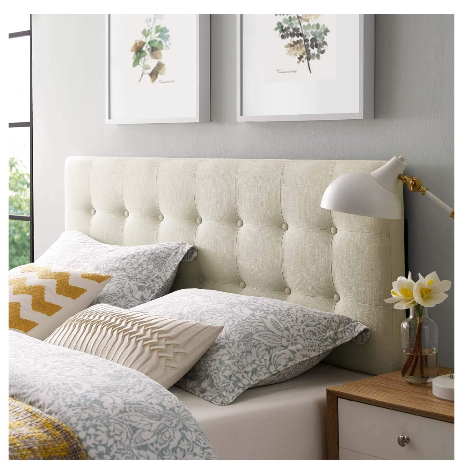 Emily Tufted Button Linen Fabric Upholstered Full Headboard in Ivory ...