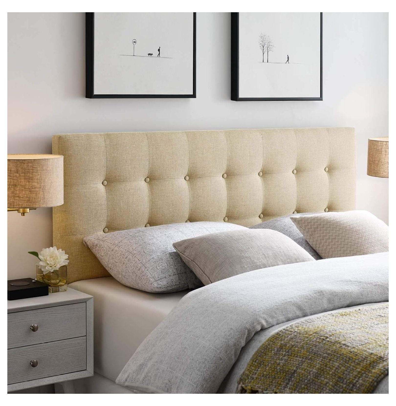 Emily Tufted Button Linen Fabric Upholstered Queen Headboard in Beige ...