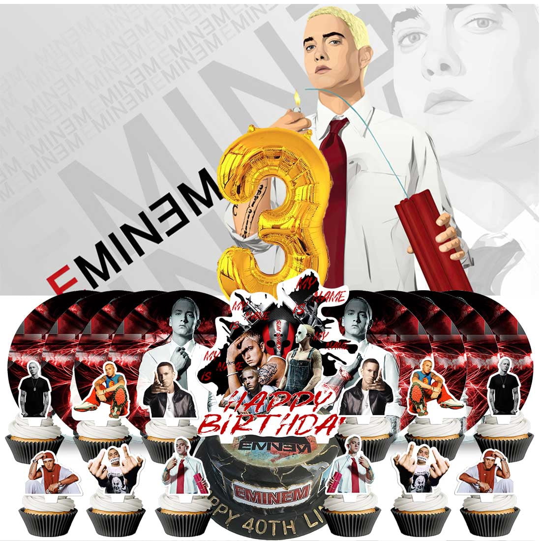 Eminem Balloons Party Supplies 3rd Decor Tableware Birthday Cake Topper ...