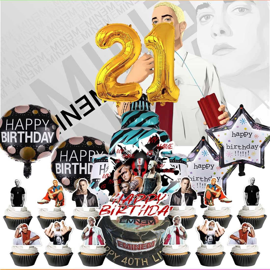 Eminem Party Supplies Decor 21th Kit Balloons Birthday Cake Topper ...
