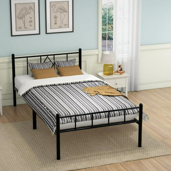 Yoneston Kids Twin Size Metal Platform Bed Frame with Wood Headboard ...