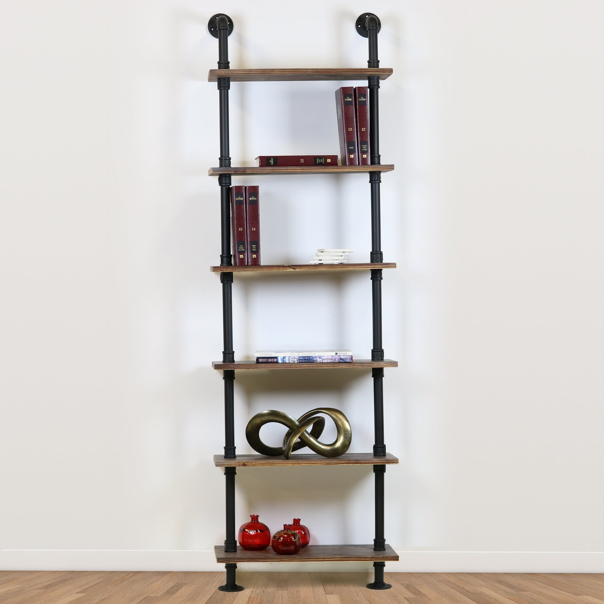 Emitt Tall Bookshelf Black Pipe Frame with Weathered Maple Shelves ...