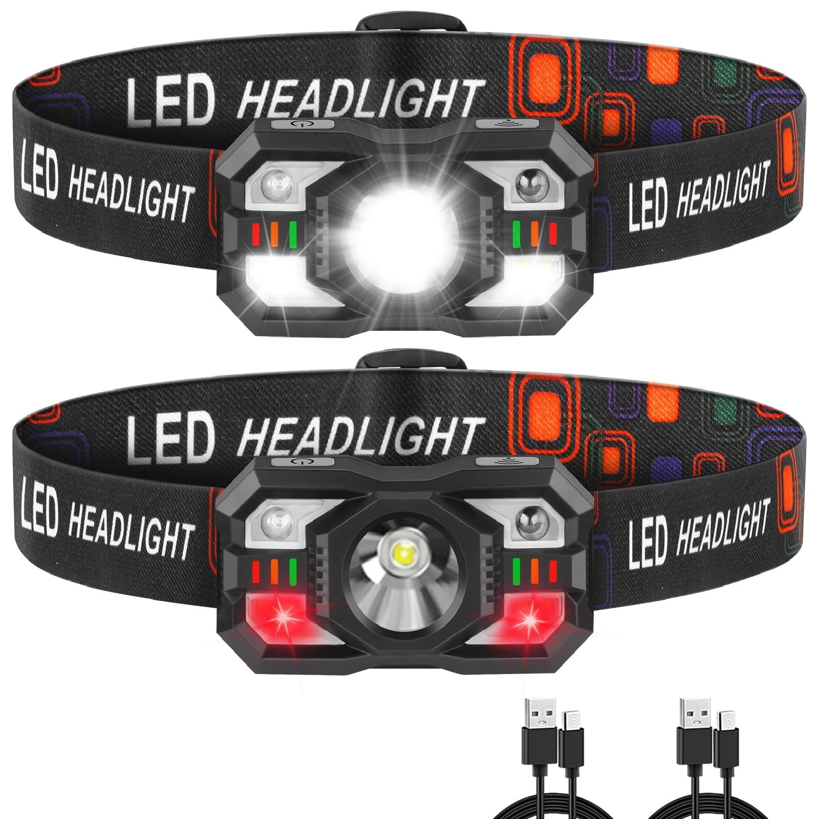 Emlimny 2 Pack Rechargeable Headlamp - LED Headlamp with Red Light and ...
