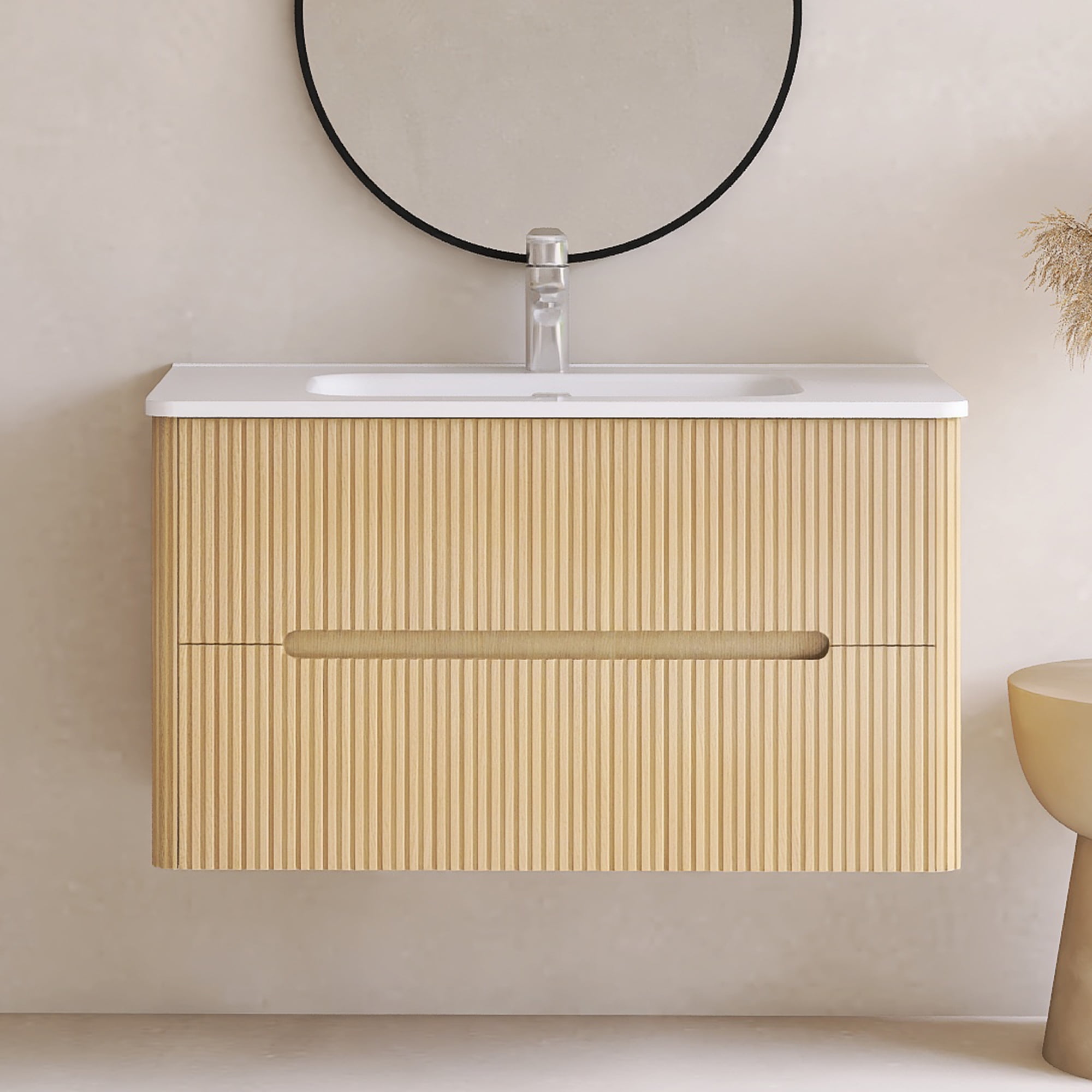 Emma 36" Wall-mounted Bathroom Vanity in Natural Oak with White Ceramic ...