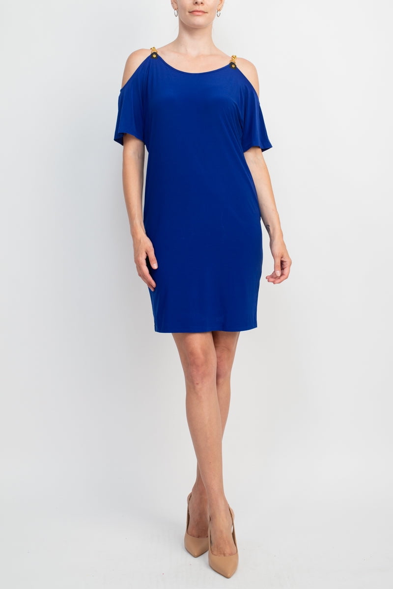 Emma & Michele Scoop Neck Chain Detail Cold Shoulder Short Sleeve Solid ...