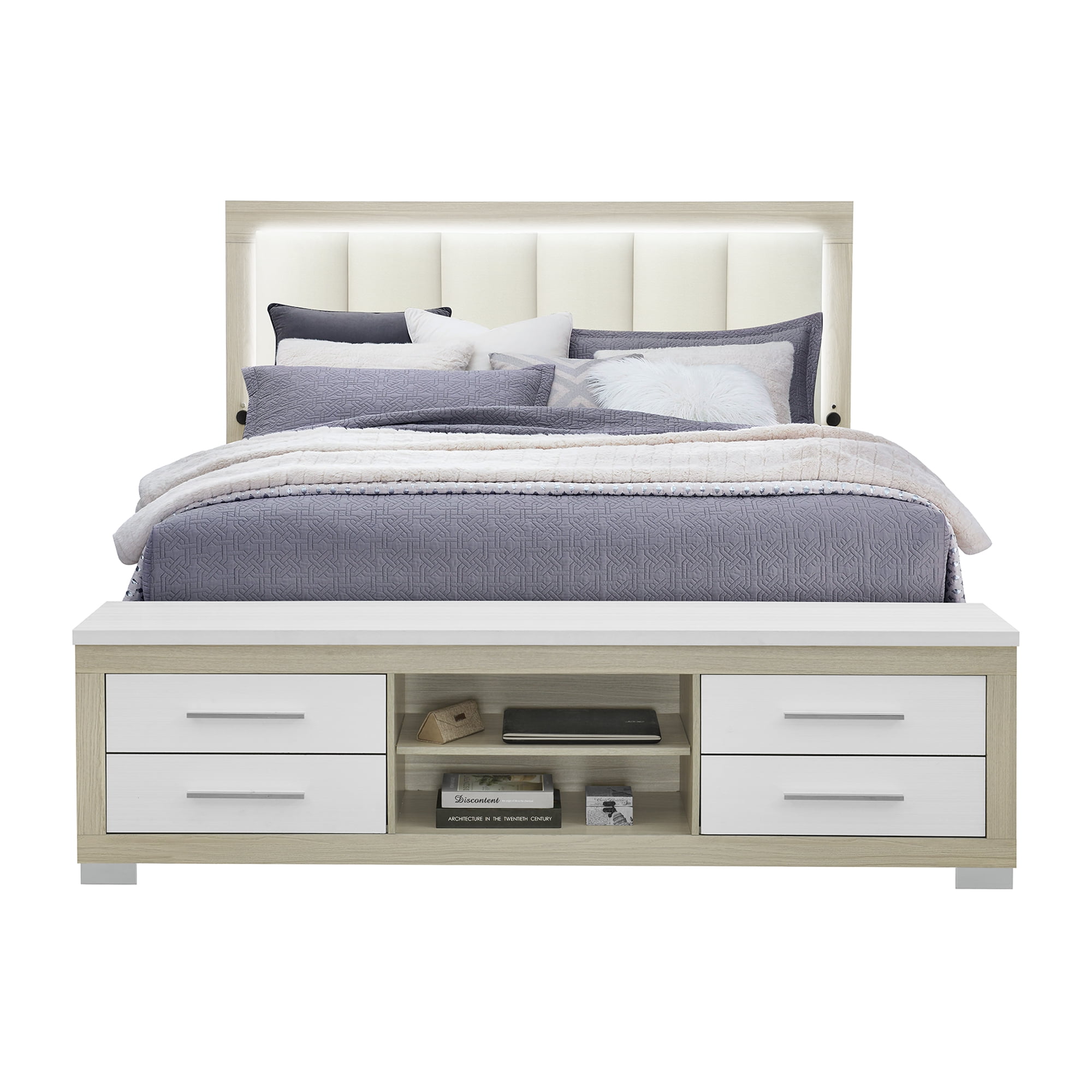 Emma Natural White King Storage Bed with LED Lighting and USB Ports ...