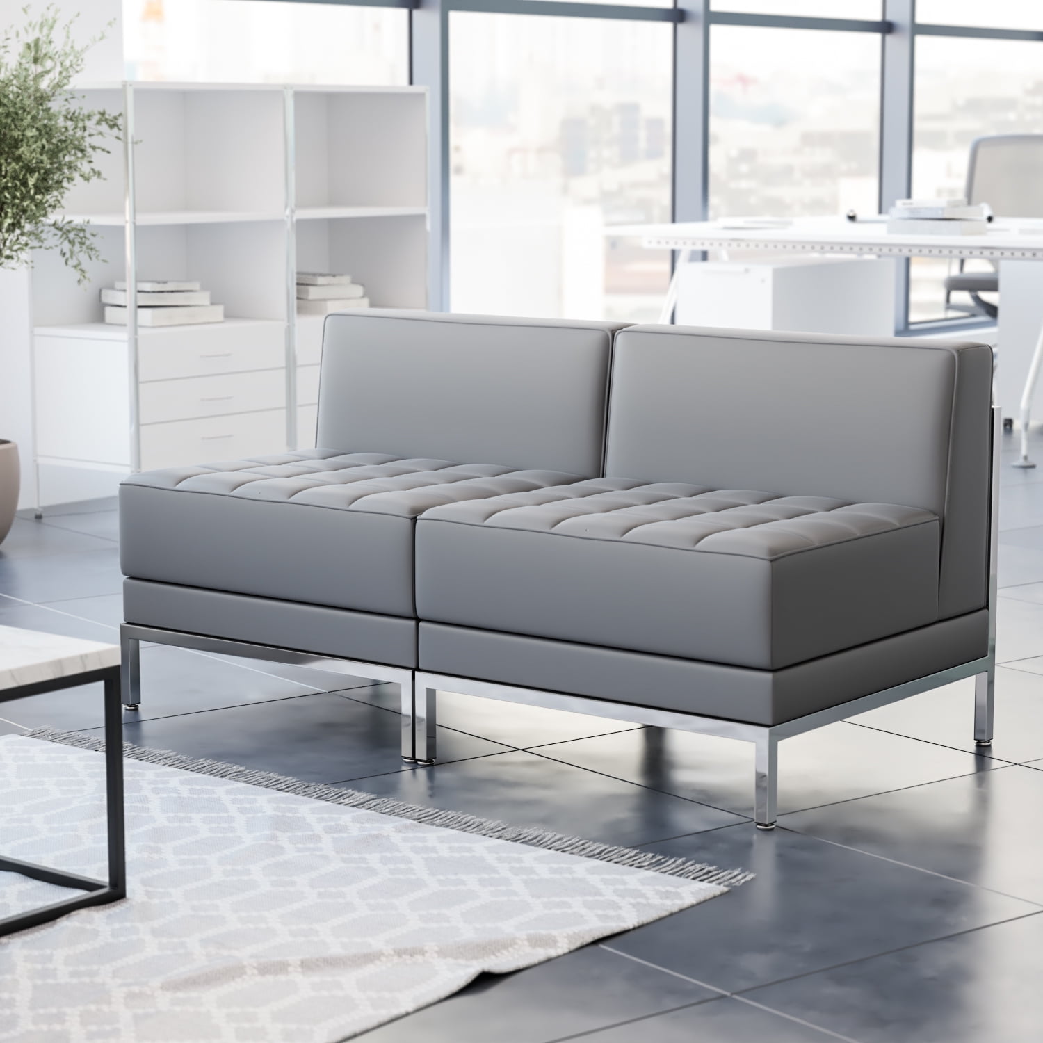 Emma + Oliver 2 Piece Gray LeatherSoft Modular Reception Lounge Set ...