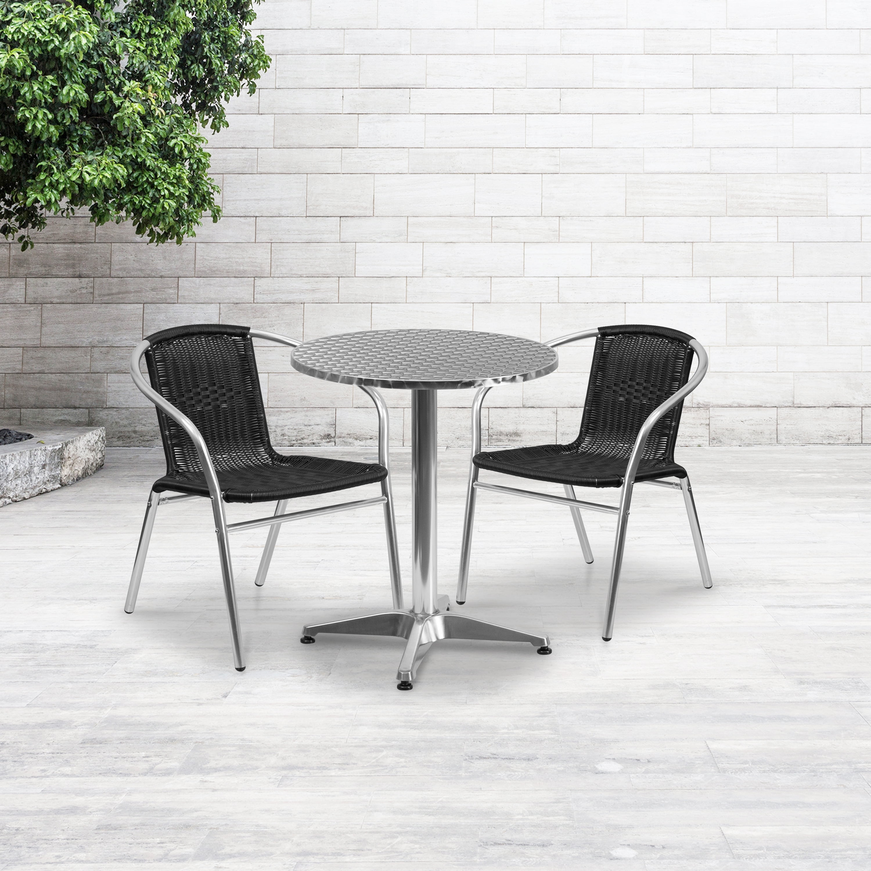 Emma + Oliver 23.5" Round Aluminum Table Set-2 Black Rattan Chairs ...