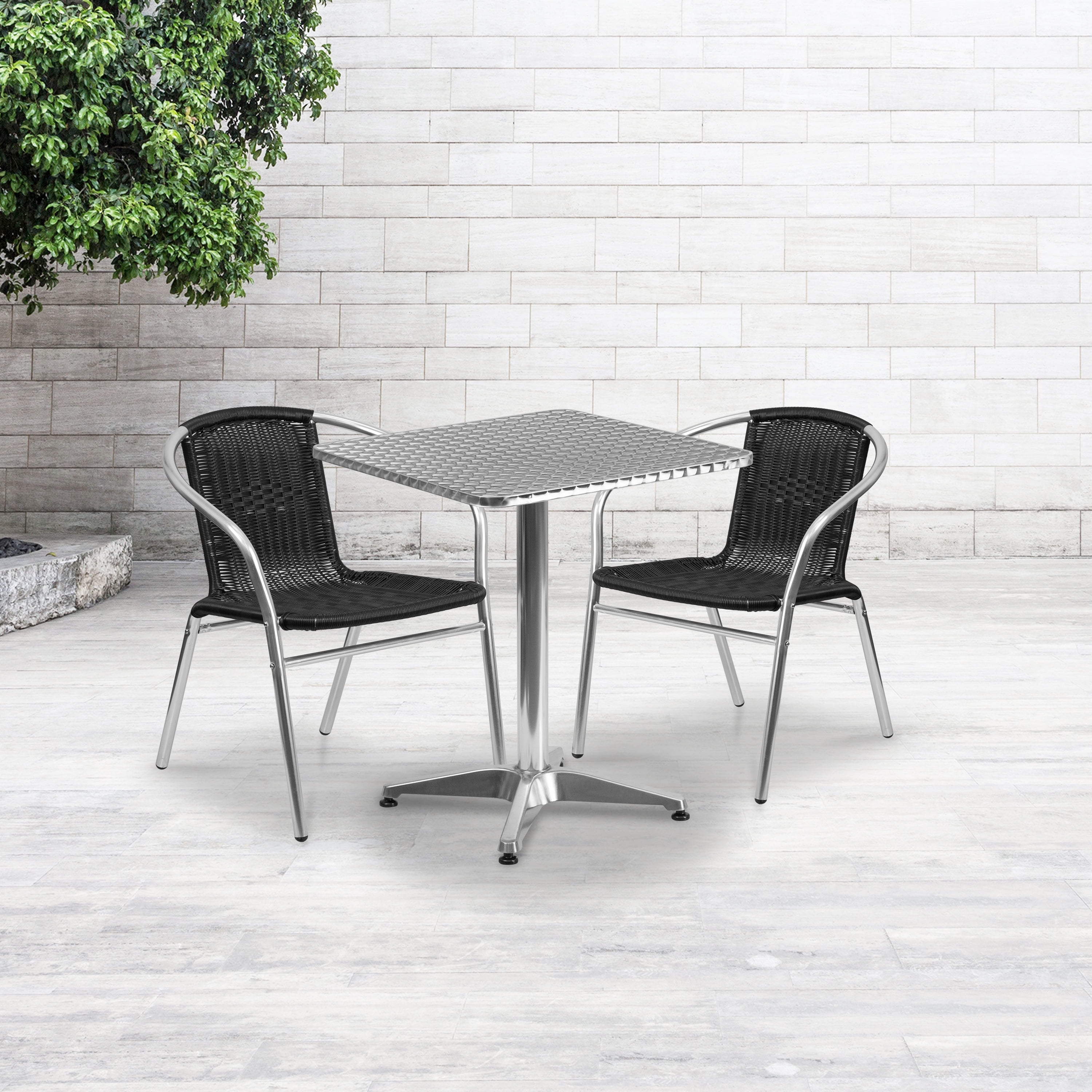 Emma + Oliver 23.5" Square Aluminum Table Set-2 Black Rattan Chairs ...