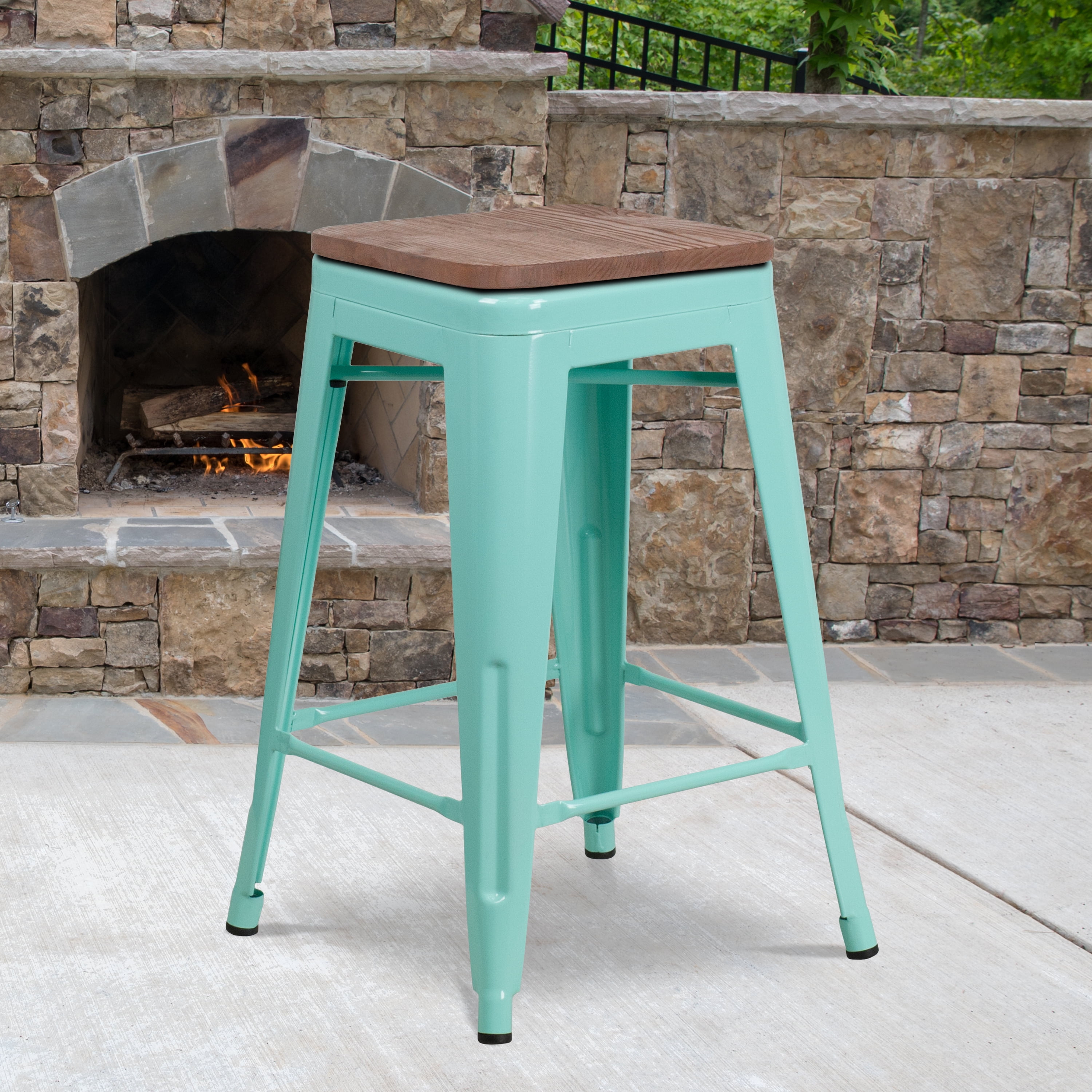 Emma + Oliver 24"H Backless Mint Green Counter Height Stool with Wood ...