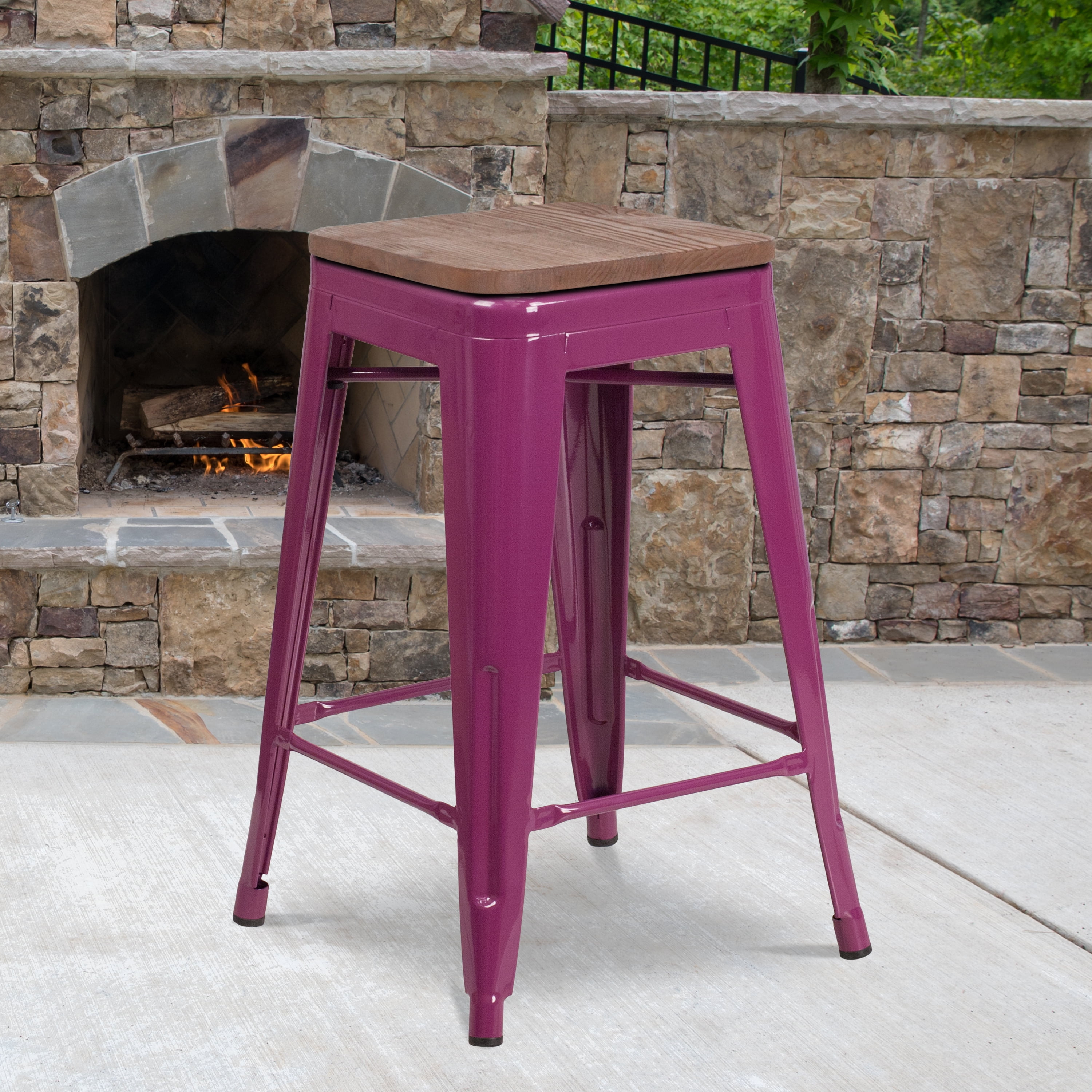 Emma + Oliver 24"H Backless Purple Counter Height Stool with Wood Seat ...