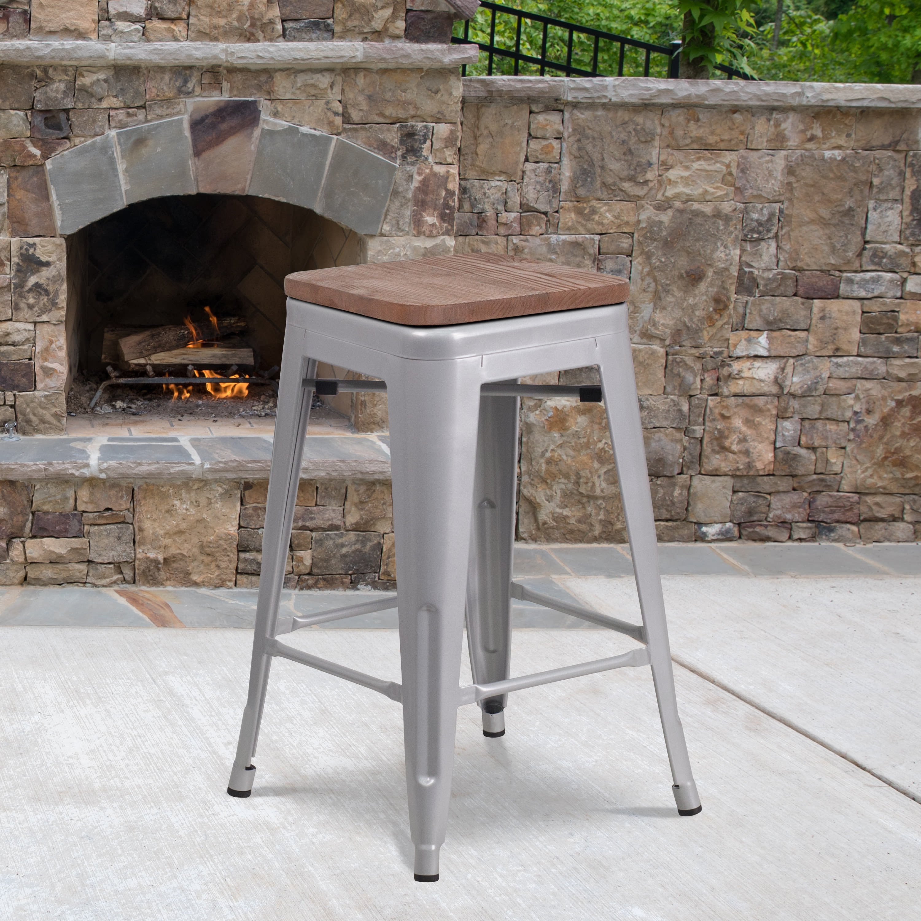 Emma + Oliver 24"H Backless Silver Metal Counter Height Stool with Wood ...