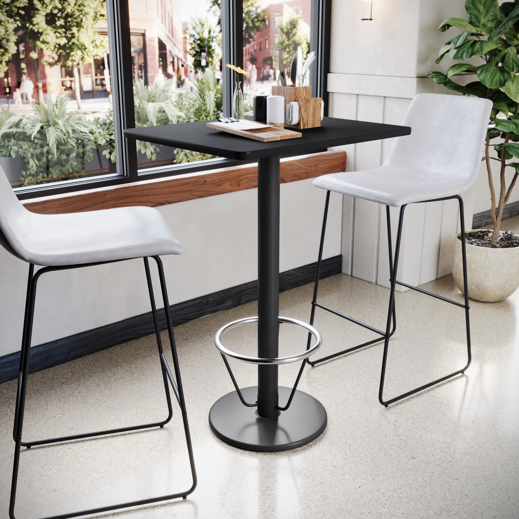 Emma + Oliver 24"x30" Black Laminate Bar Table Top-18"RD Base/Foot Ring ...