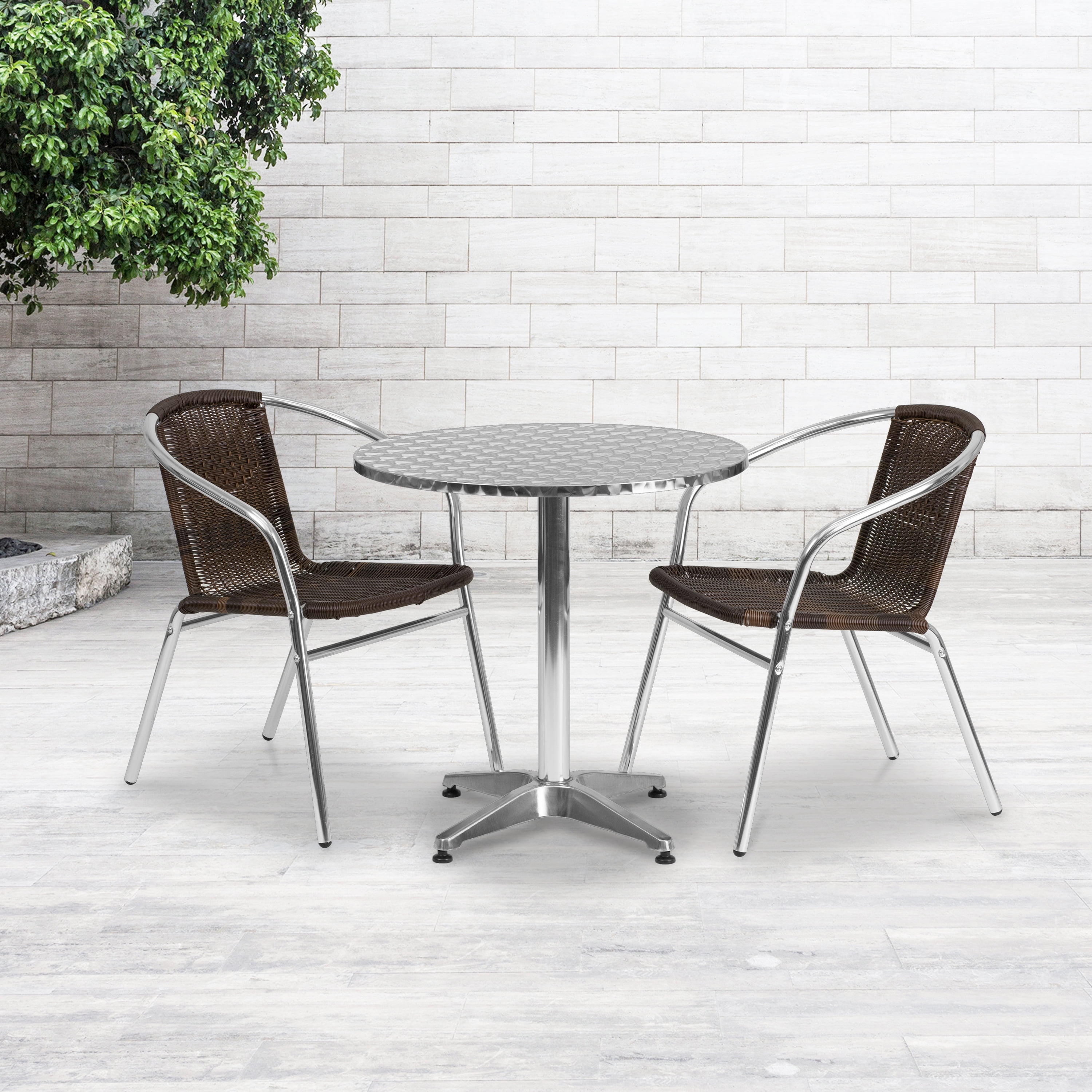Emma + Oliver 27.5" Round Aluminum Table Set-2 Dark Brown Rattan Chairs ...
