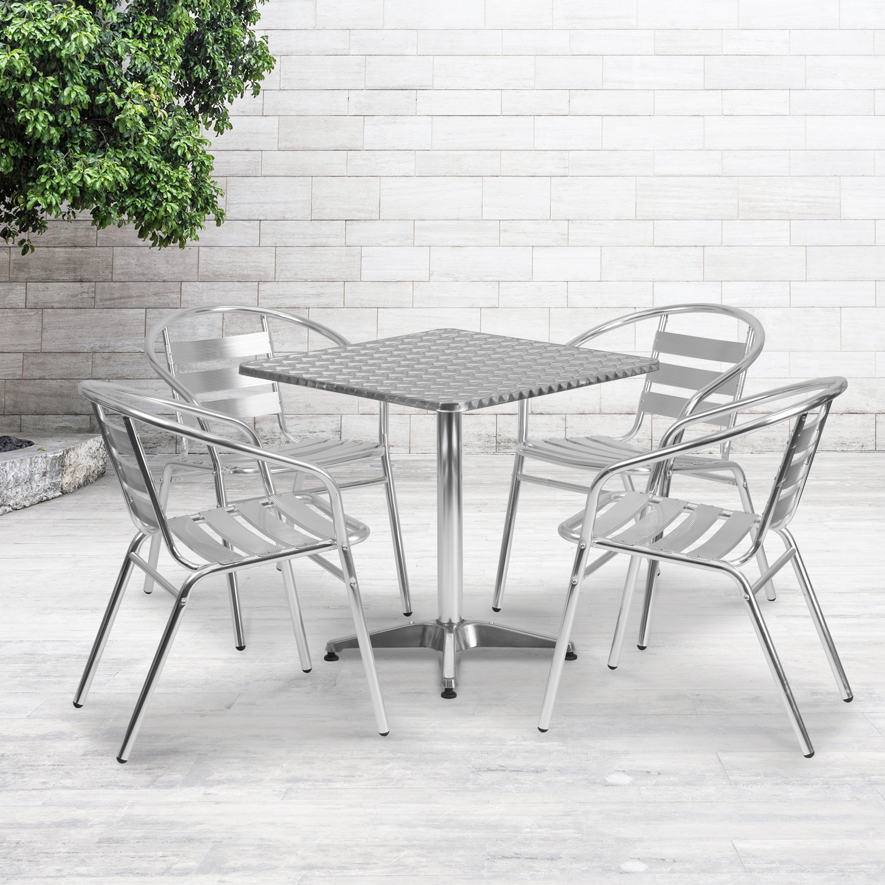 Emma + Oliver 27.5" Sq. Aluminum Table Set with 4 Slat Back Chairs ...
