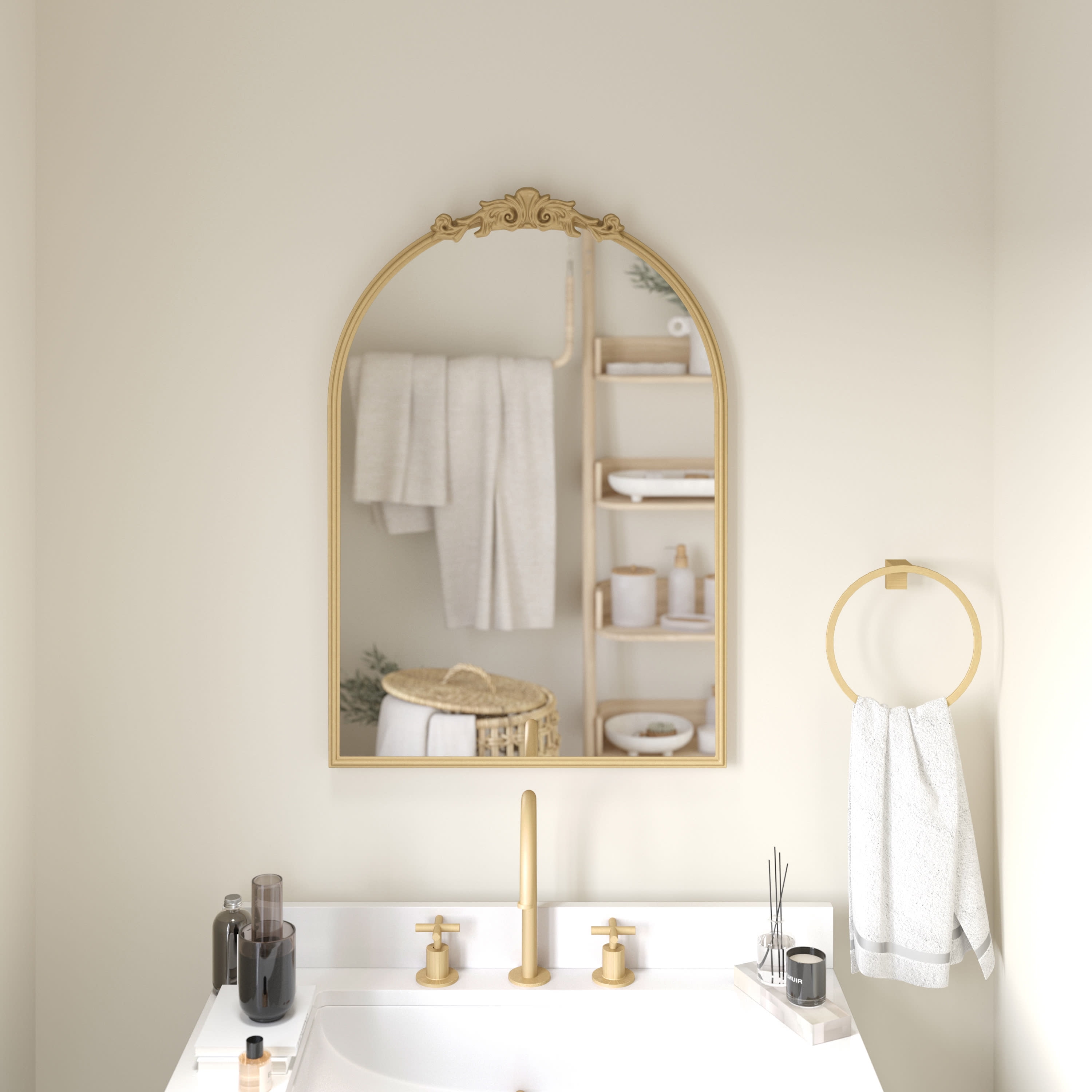 Emma + Oliver 29" x 20" Arched Wall Mirror with Gold Frame, Baroque ...