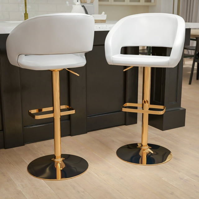 Emma + Oliver 2PK Swivel Barstools with White Vinyl, Adjustable Height ...