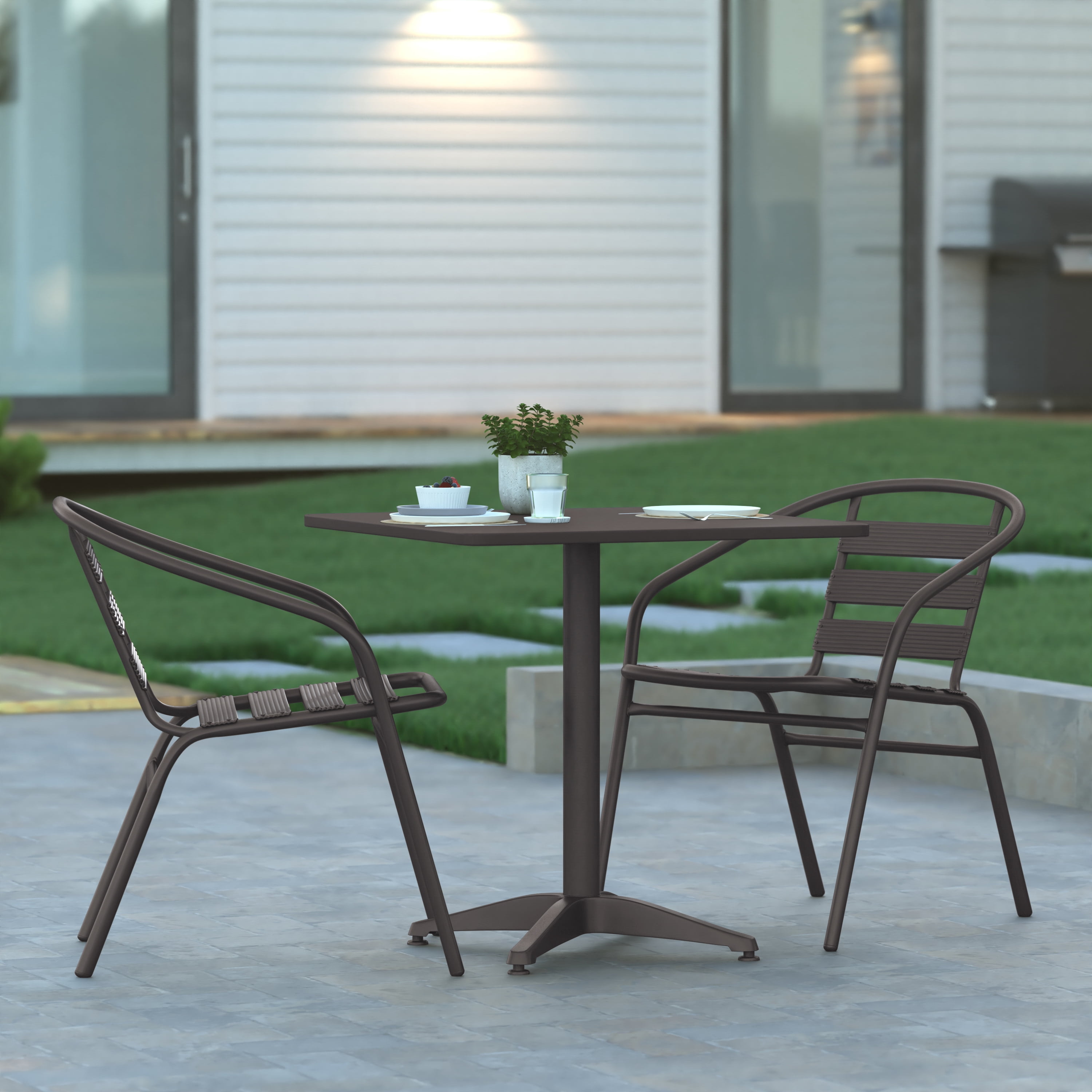 Emma + Oliver 3-Piece Aluminum Square Table Set with 2 Slat Back Chairs ...