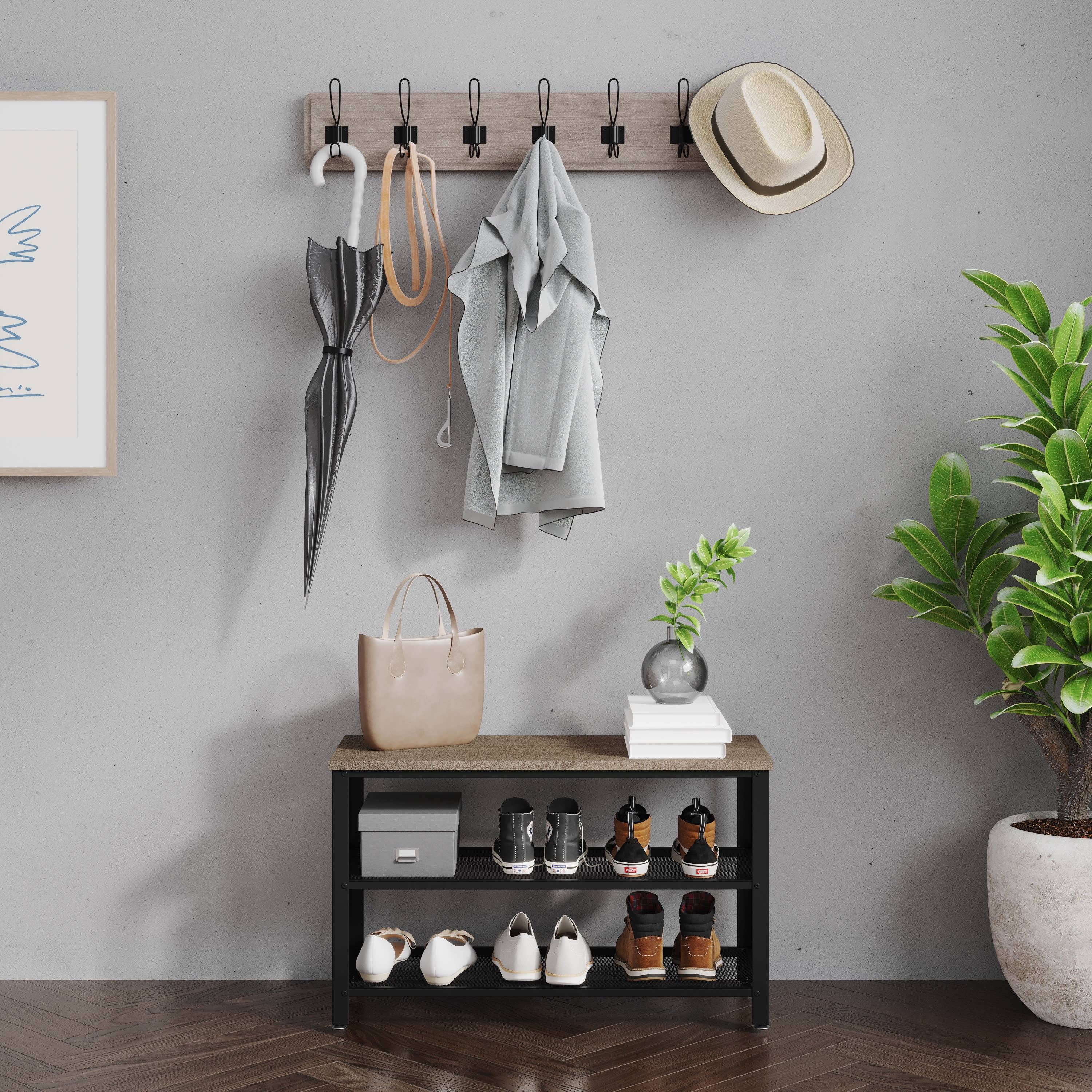 Emma + Oliver 3-Tier Storage Bench with Metal Mesh Shelves for Entryway ...
