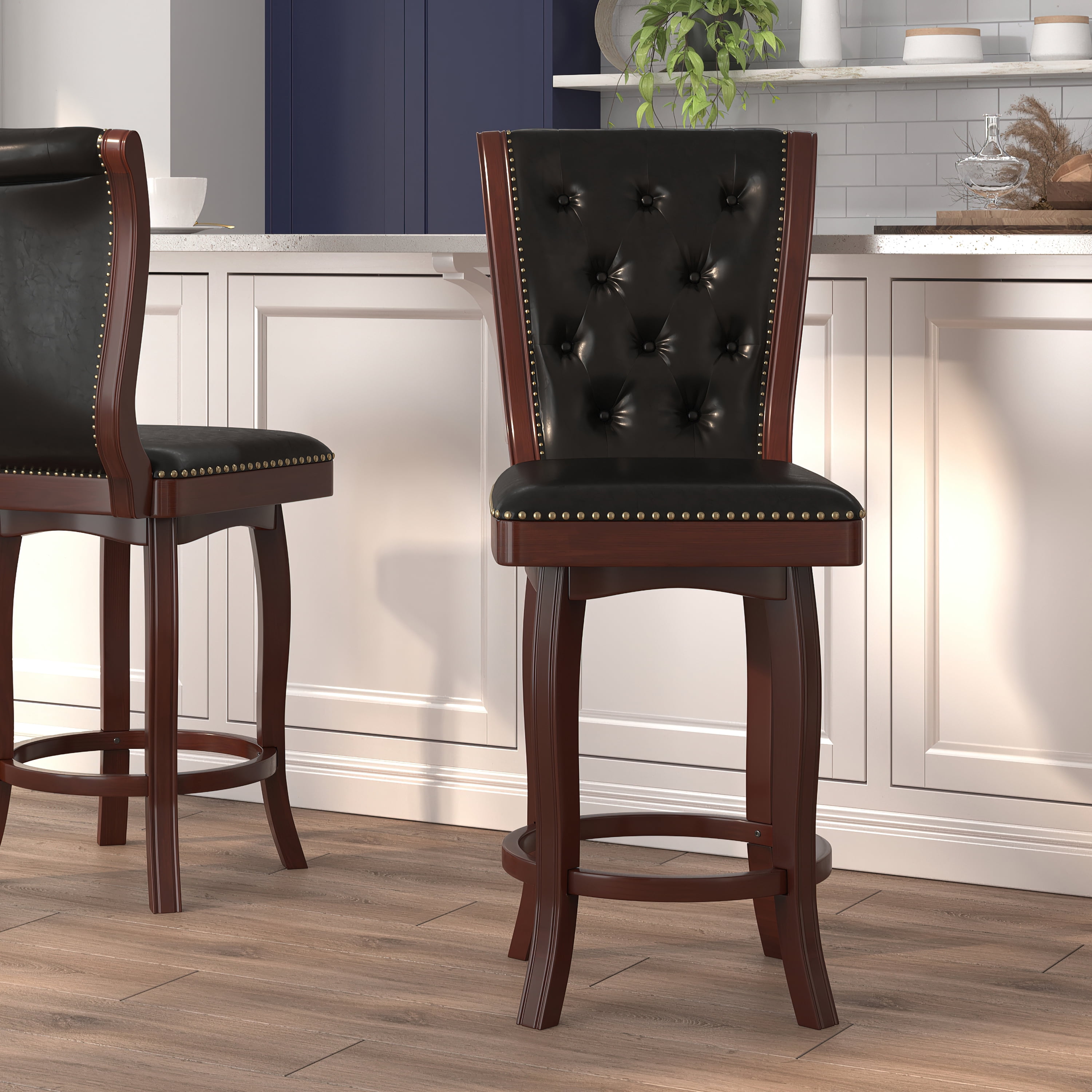 Emma + Oliver 30"H Cappuccino Wood Button Tufted Back Barstool, Swivel ...