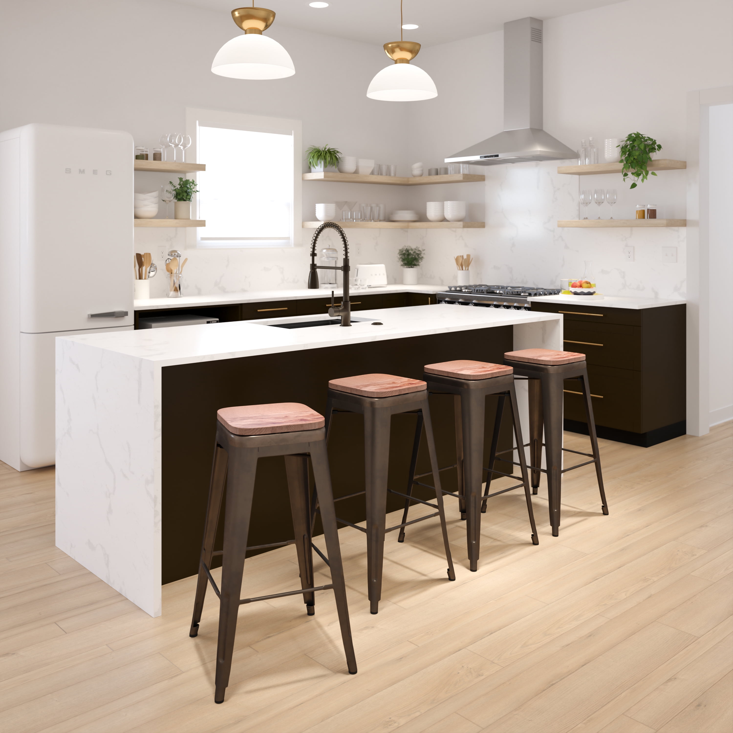 Emma + Oliver 30" High Metal Indoor Bar Stool with Wood Seat in Gun ...