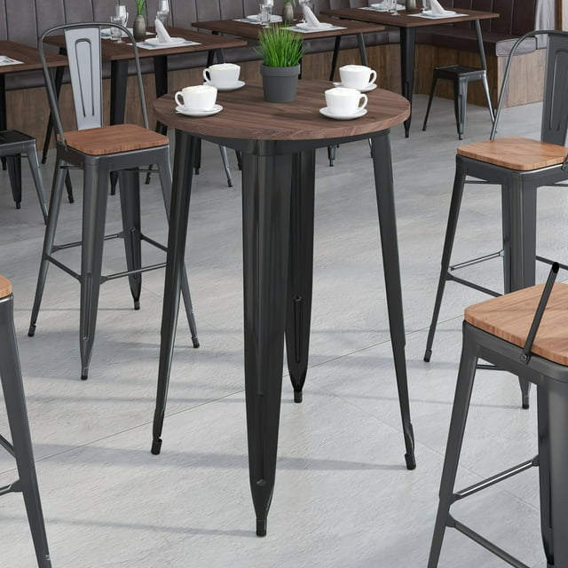 Emma + Oliver 30" Round Black/Wood Metal Indoor Bar Height Table ...