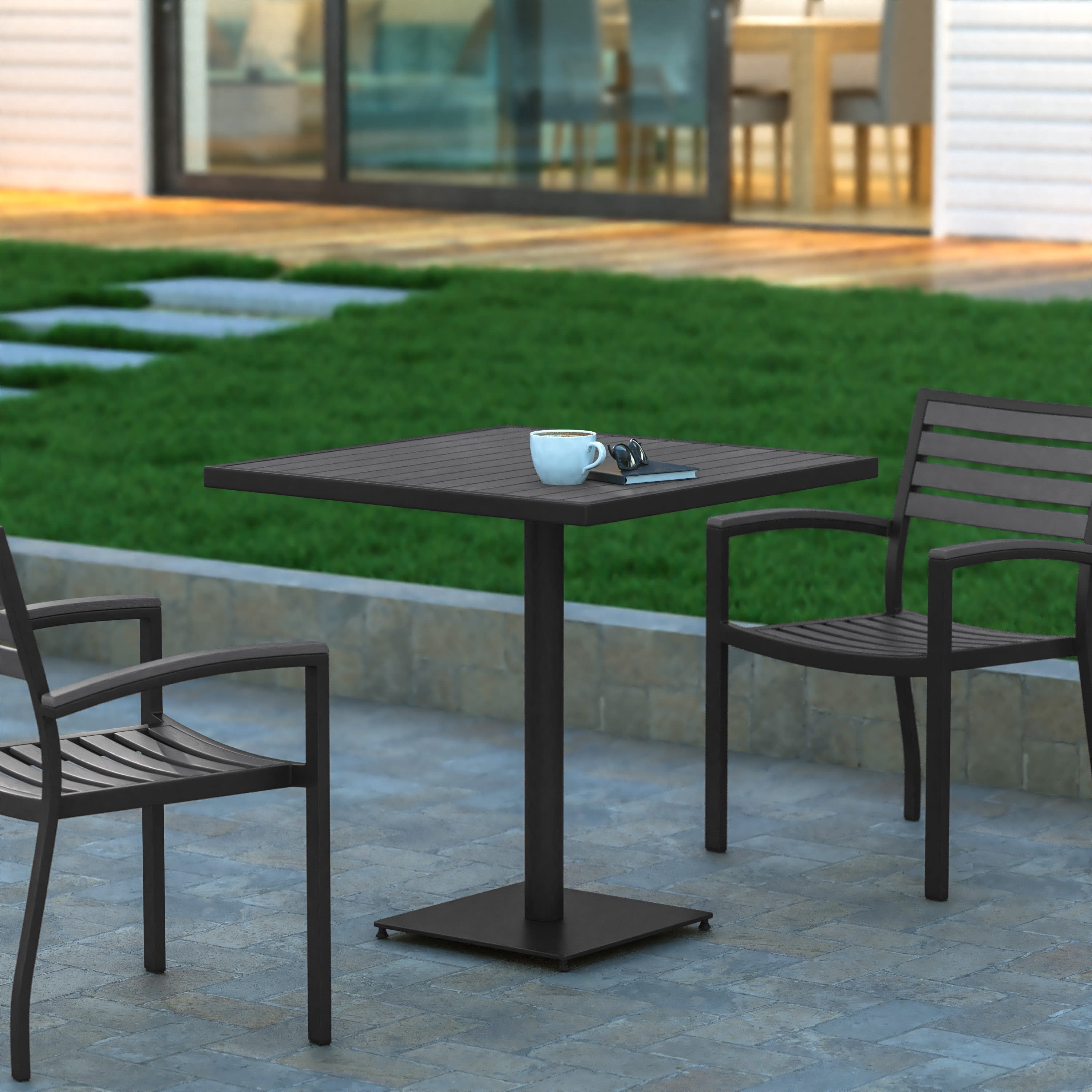 Emma + Oliver 30" Square Outdoor Patio Bistro Table with Gray Wash Faux ...