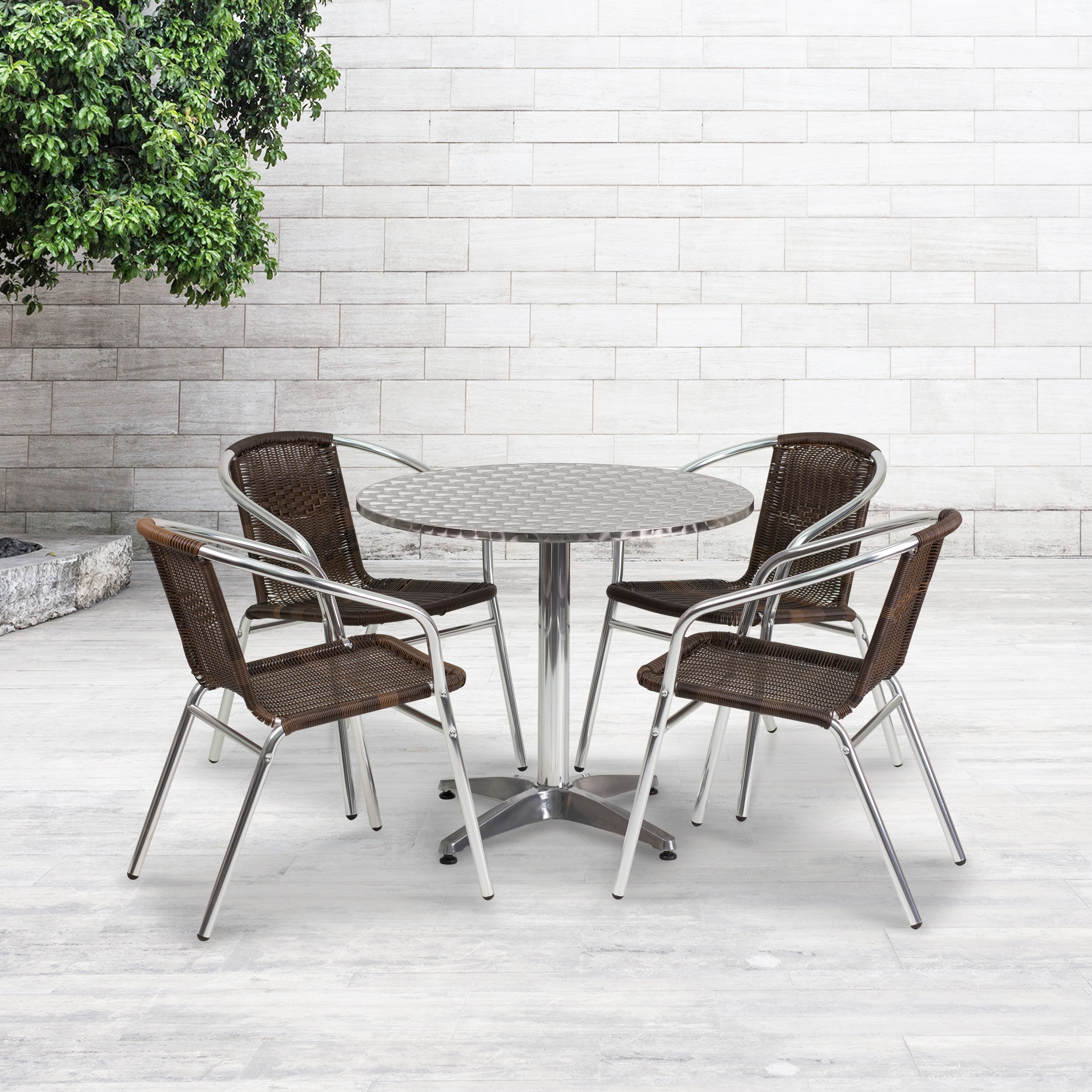 Emma + Oliver 31.5" Round Aluminum Table Set-4 Dark Brown Rattan Chairs ...