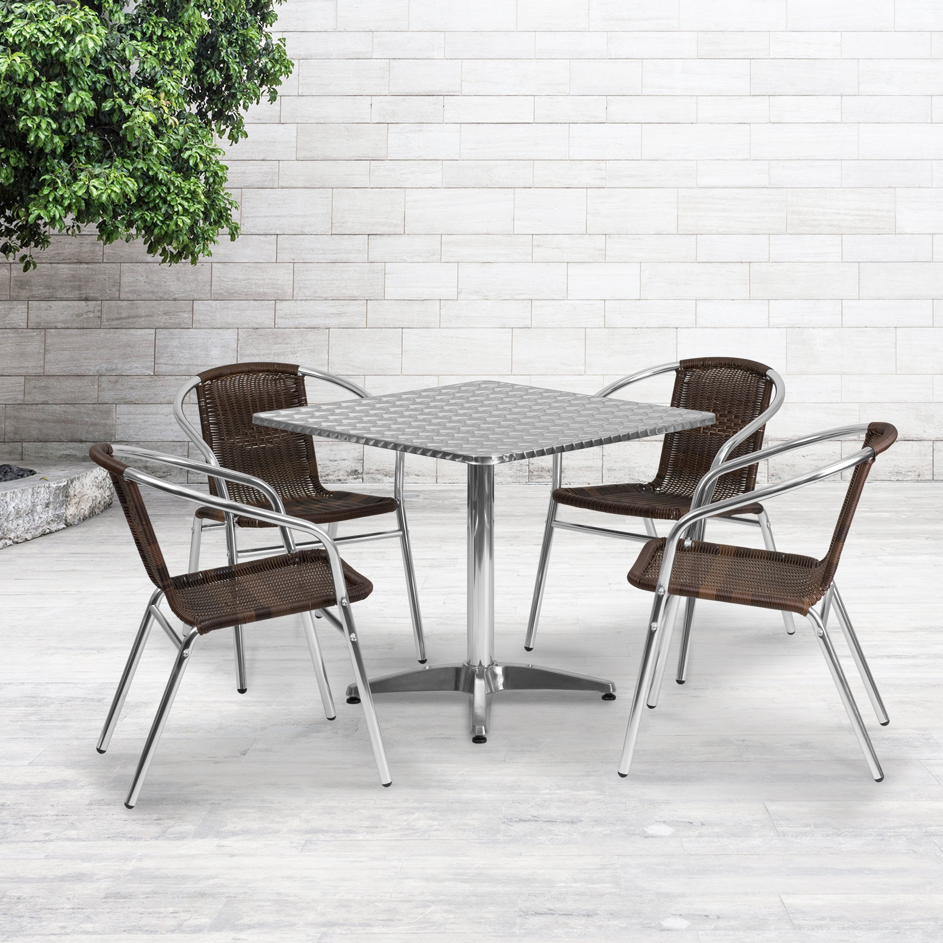 Emma + Oliver 31.5" Square Aluminum Table Set-4 Dark Brown Rattan ...