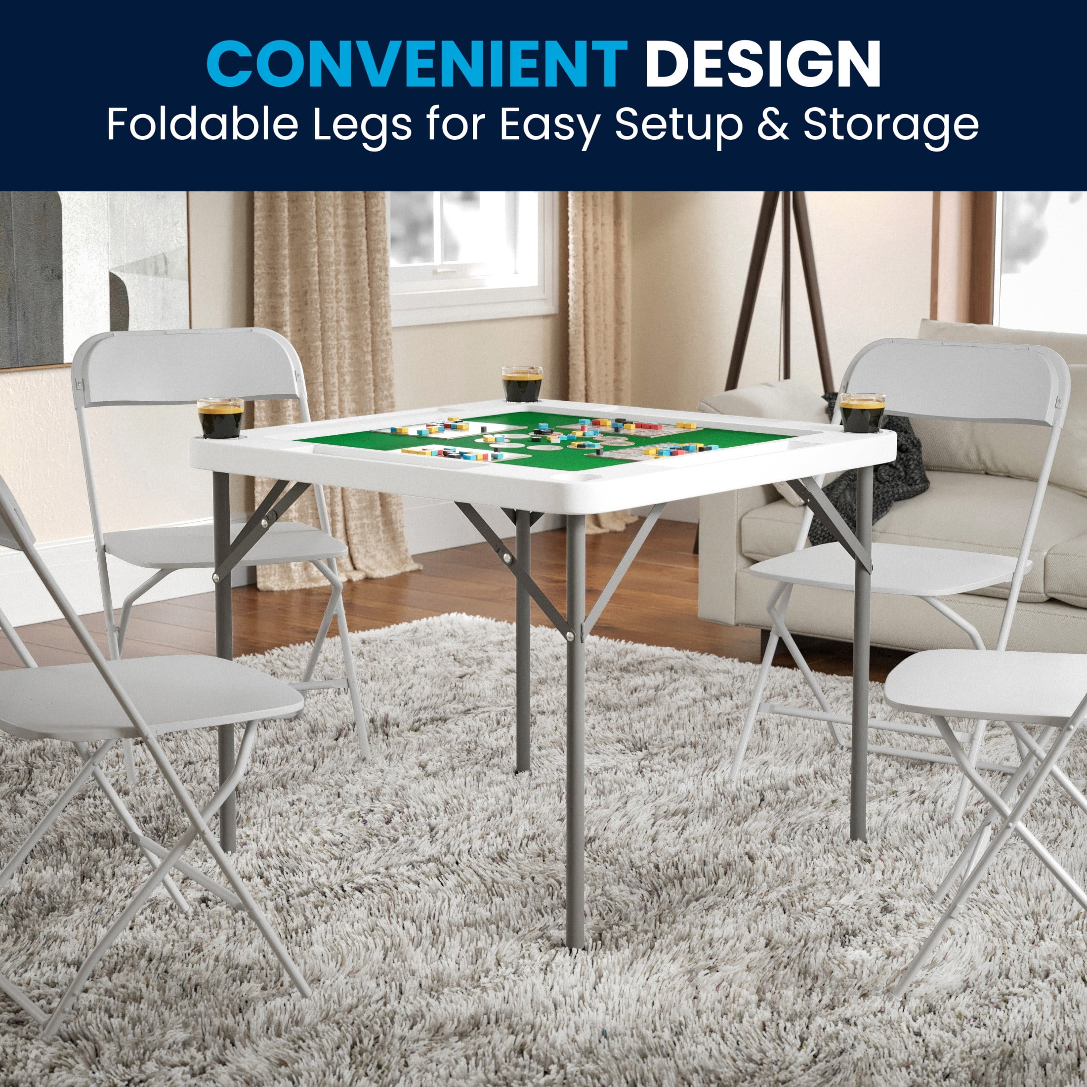 "Emma + Oliver 34.5"" Square 4-Player Foldable Card Table, Green Felt ...