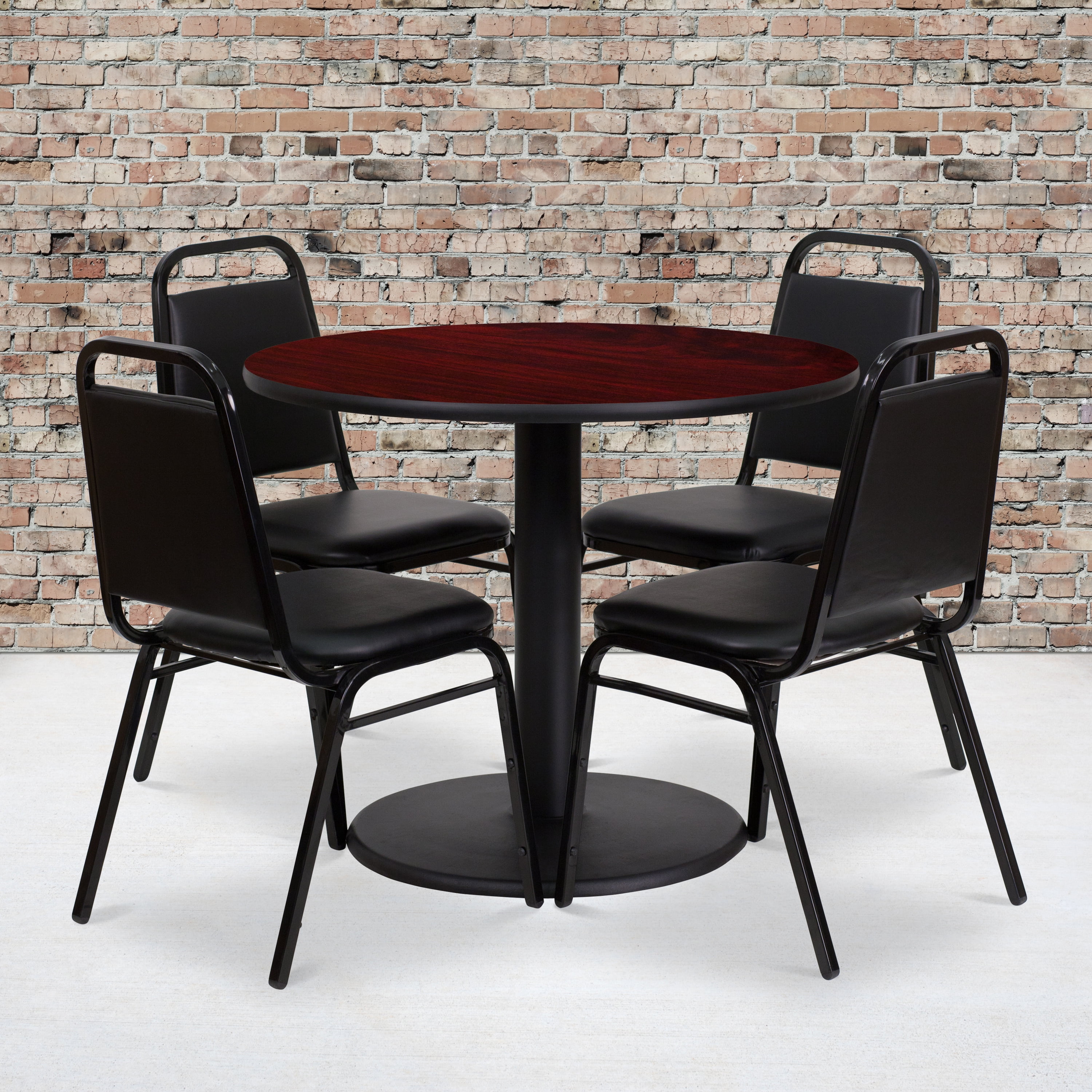 Emma + Oliver 36"RD Mahogany Laminate Table Set-RD Base & 4 Black ...