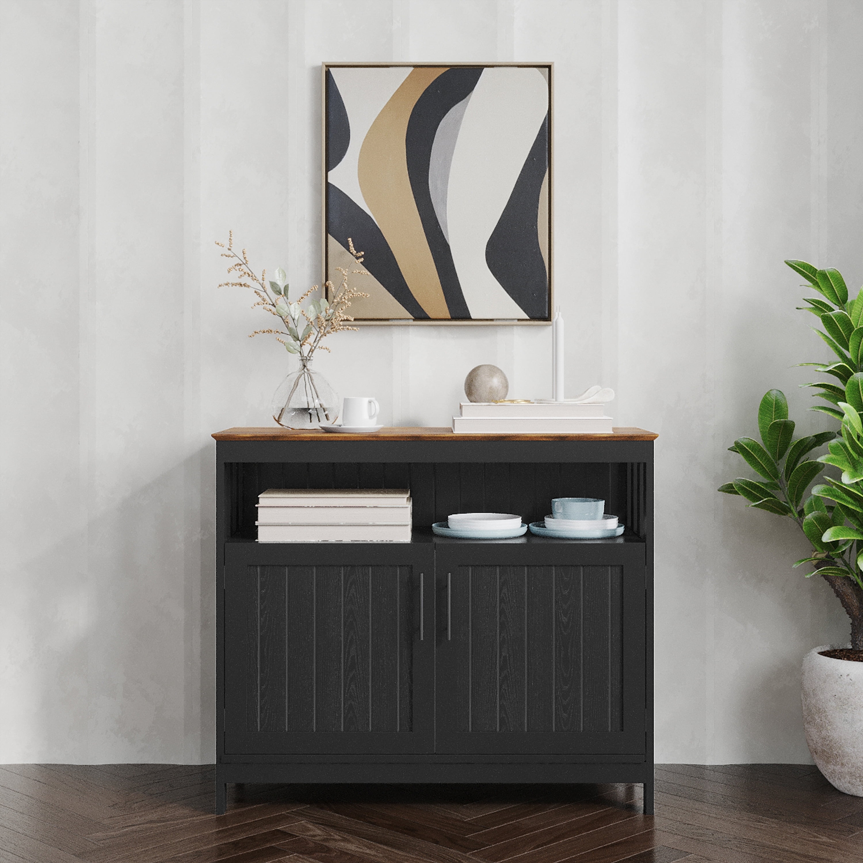 Emma Oliver 40 Inch Buffet and Sideboard with Open Storage Shelf and Double Door Storage Cabinet in Black with Walnut Finish Top Walmart