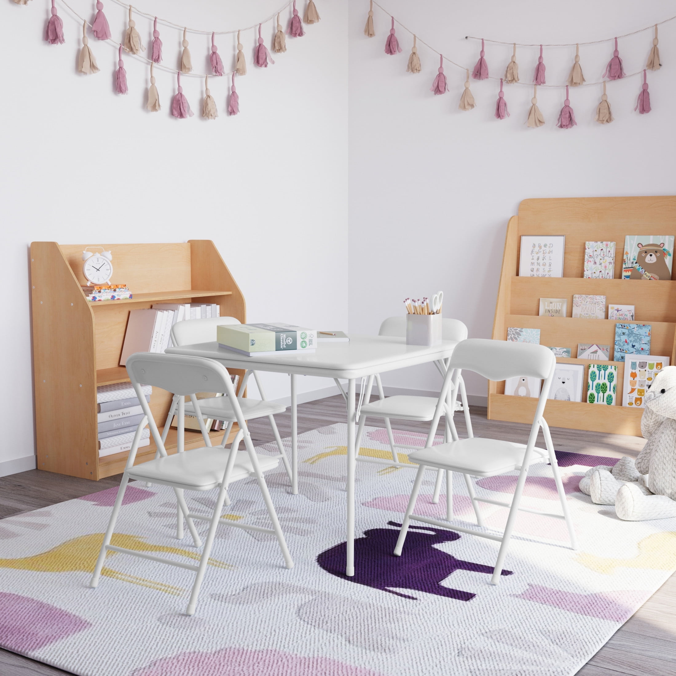 Emma + Oliver 5 Piece Kids Folding Table and Chair Set with White Vinyl ...