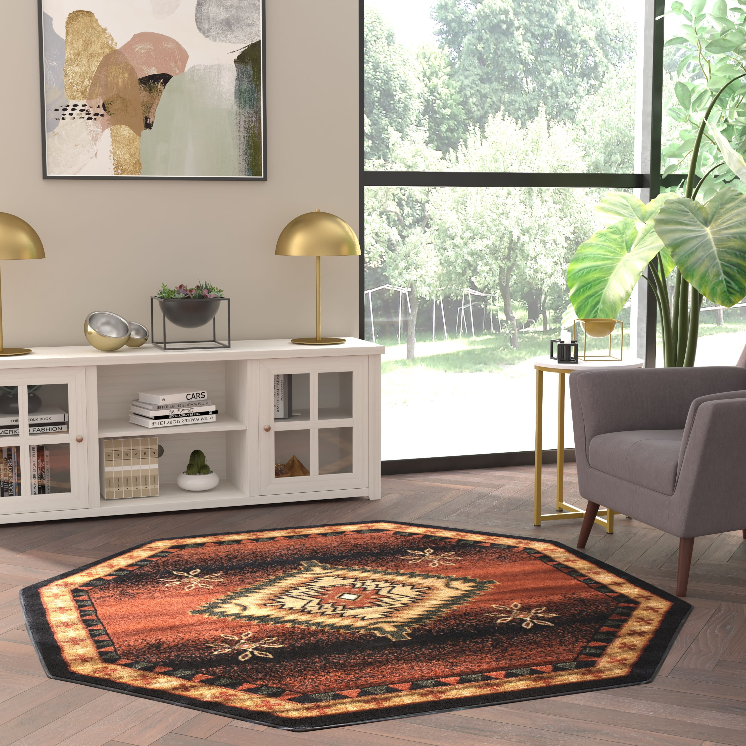 Emma + Oliver 5'x5' Octagonal Olefin Accent Rug with Southwestern ...