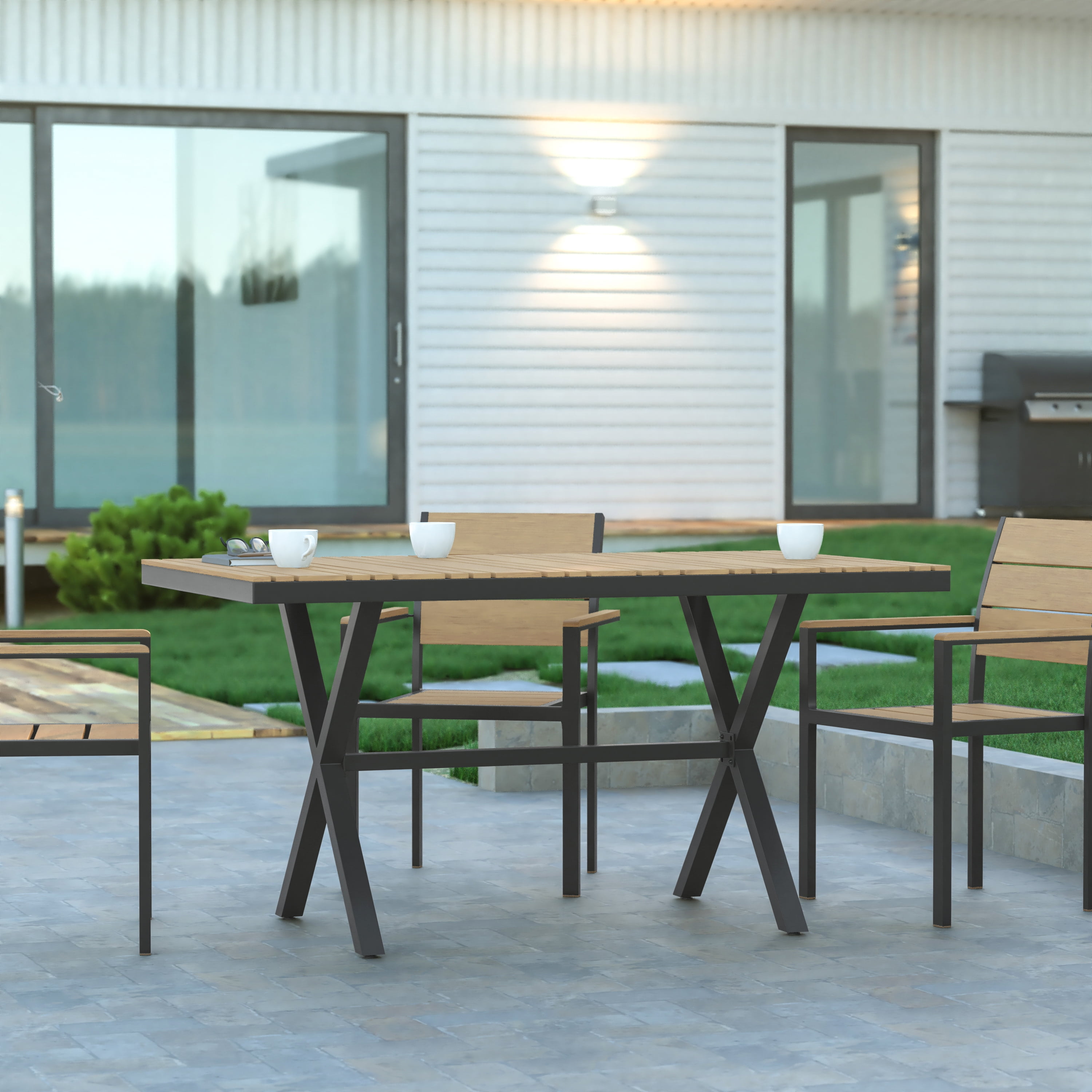 Emma + Oliver 59" x 35.5" Outdoor X-Frame Dining Table with Natural ...