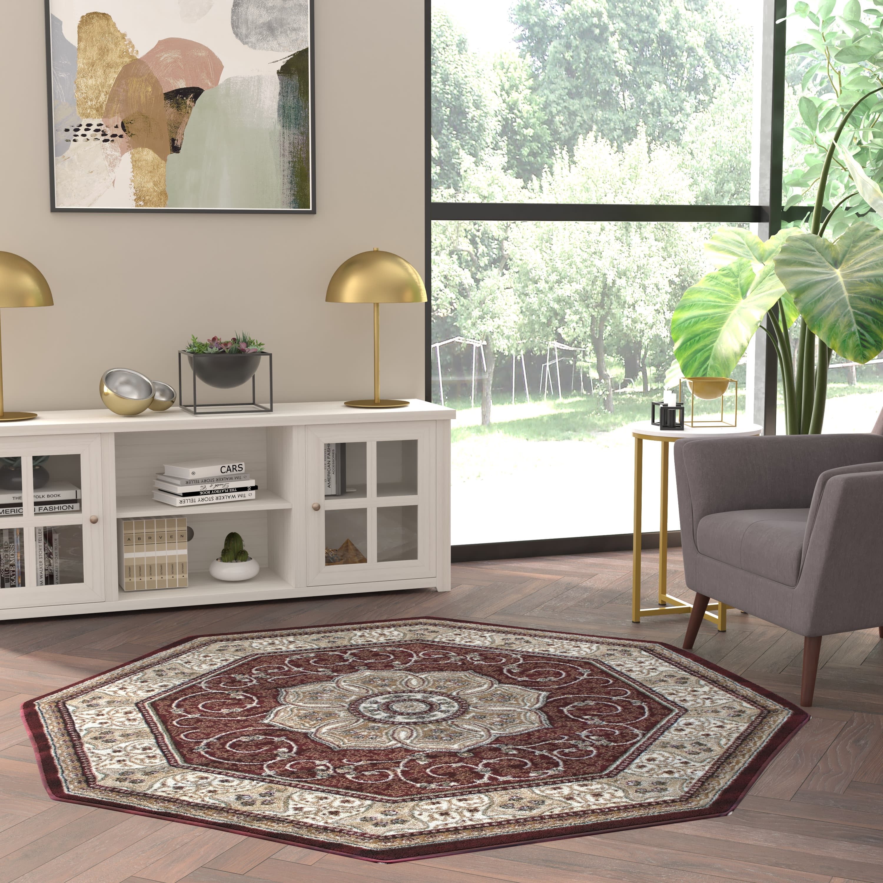 Emma + Oliver 5x5 Burgundy Octagon Area Living Rug with Floral ...