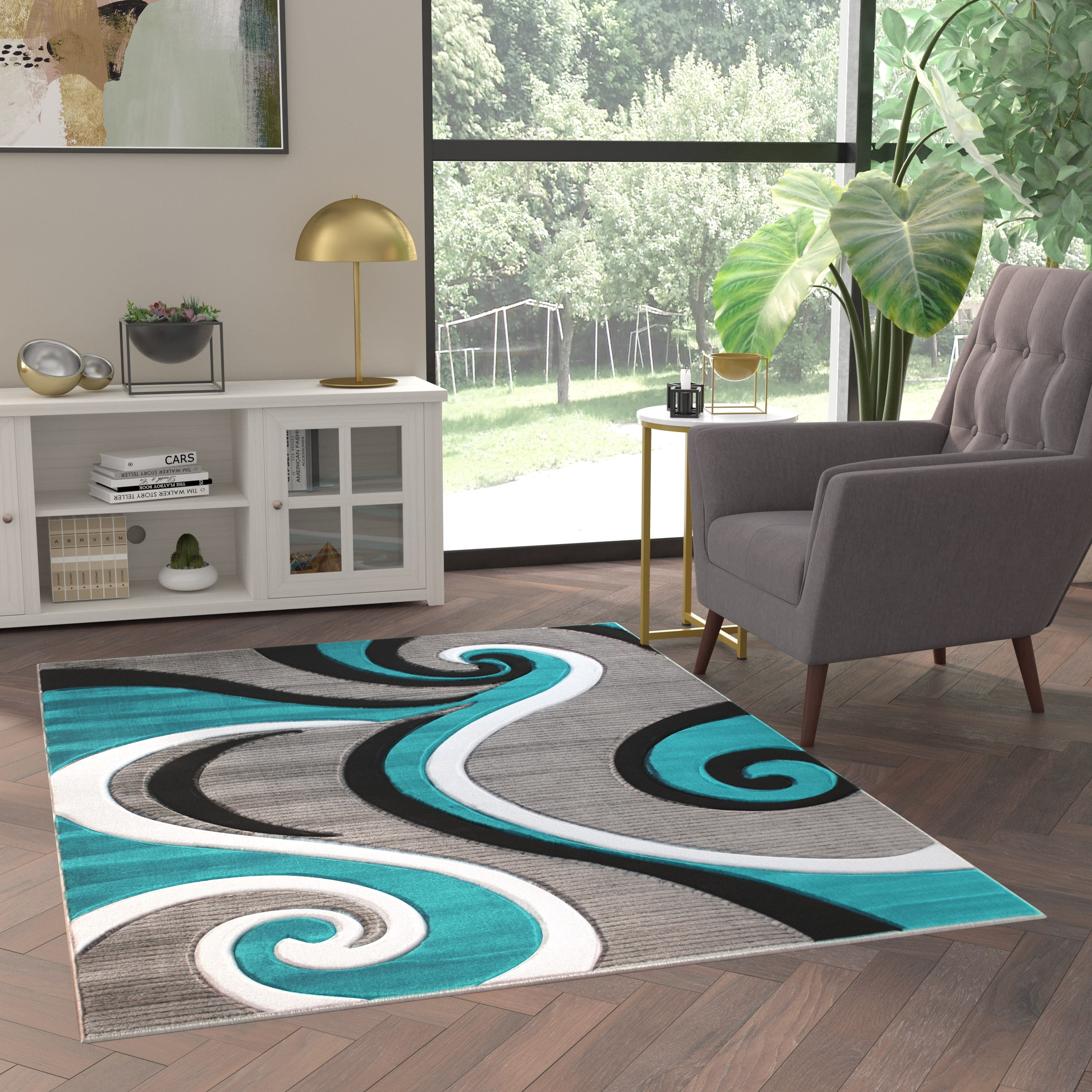 EMMA + OLIVER 5x7 Accent Rug, 3D Sculpted Swirl Pattern, Turquoise ...