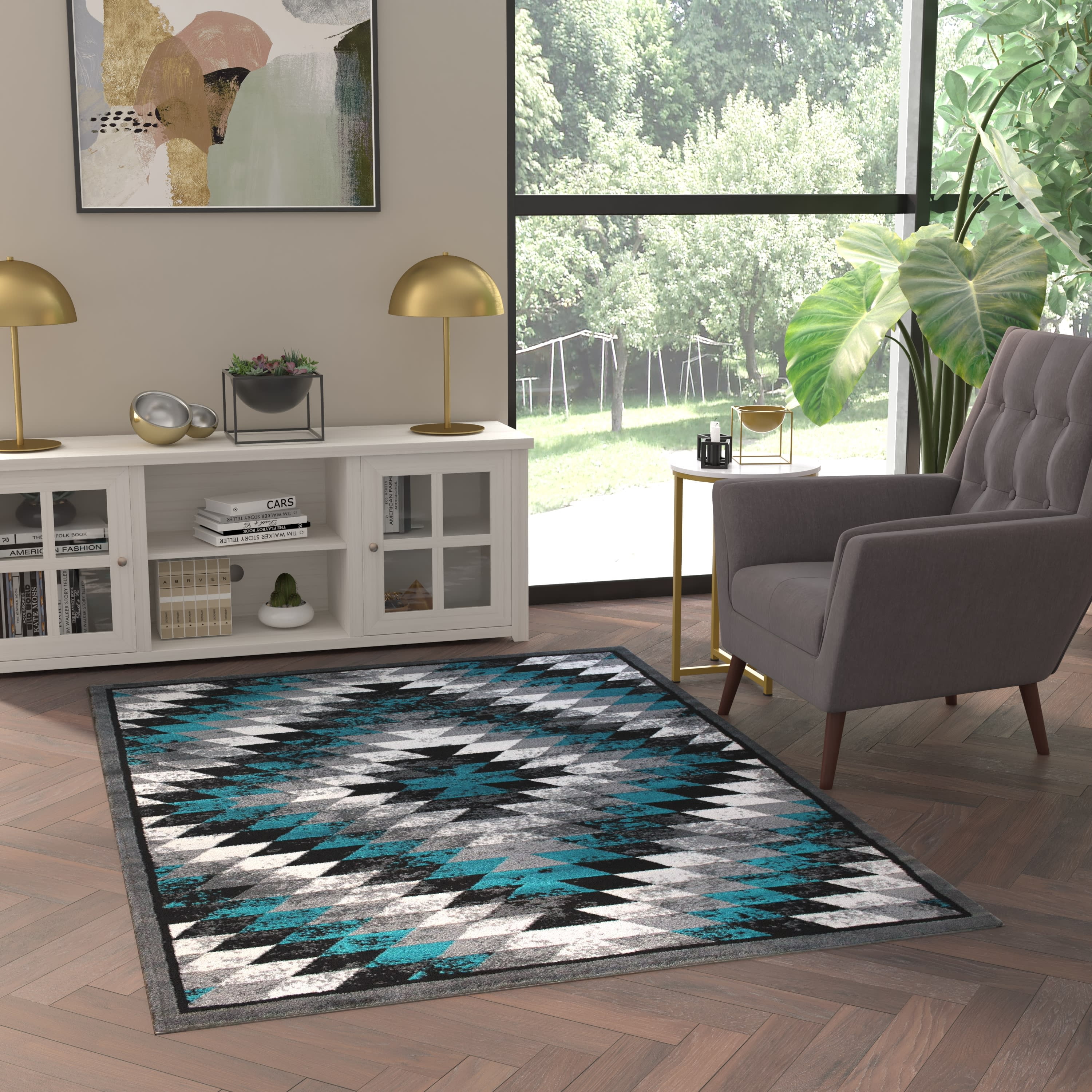 Emma + Oliver 5x7 Distressed Southwestern Diamond Motif Plush Pile ...
