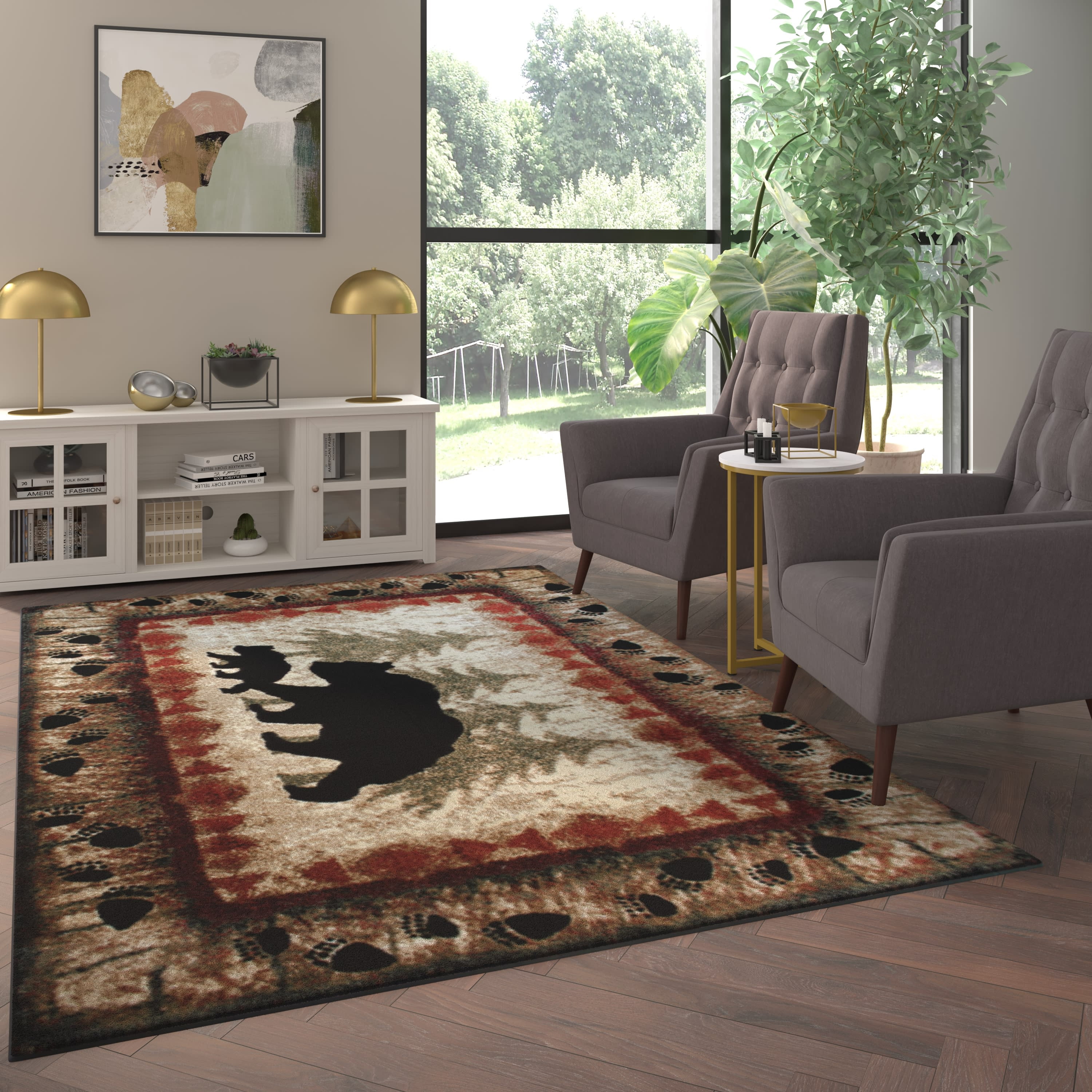 Emma + Oliver 6'x9' Rustic Cabin Area Rug, Wildlife Bear & Cub Design ...