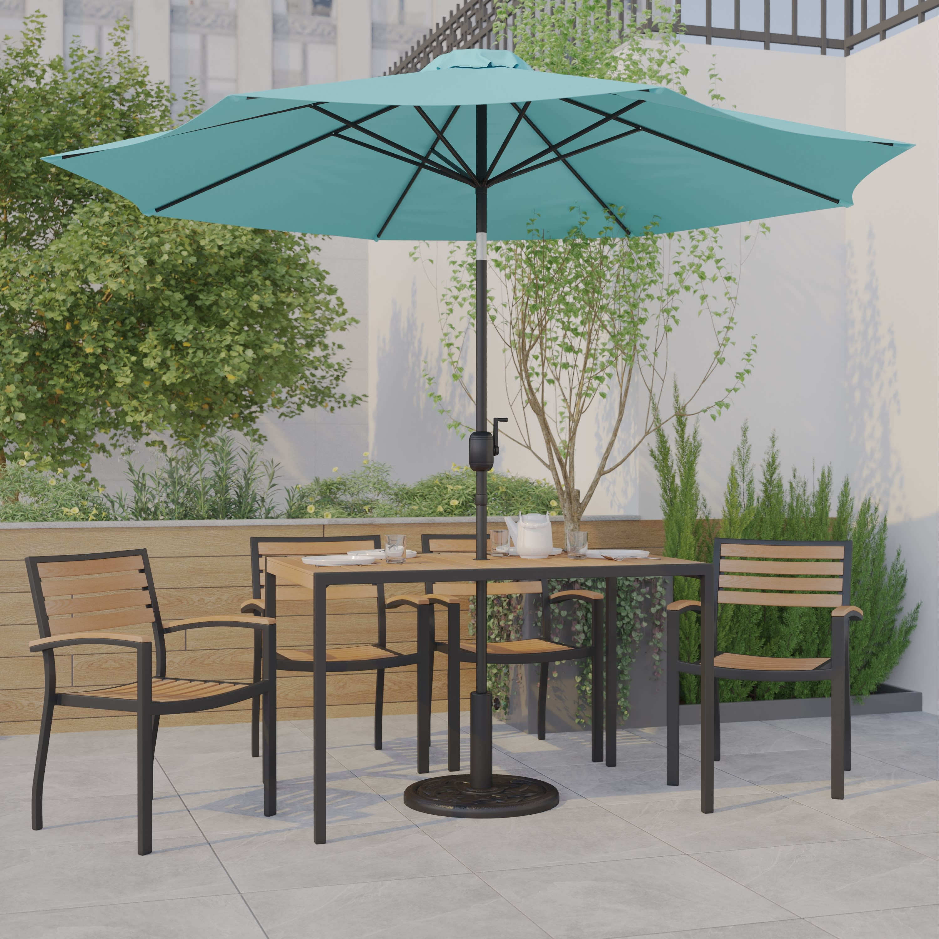 EMMA + OLIVER 7 Piece Steel Outdoor Patio Dining Set with Umbrella ...
