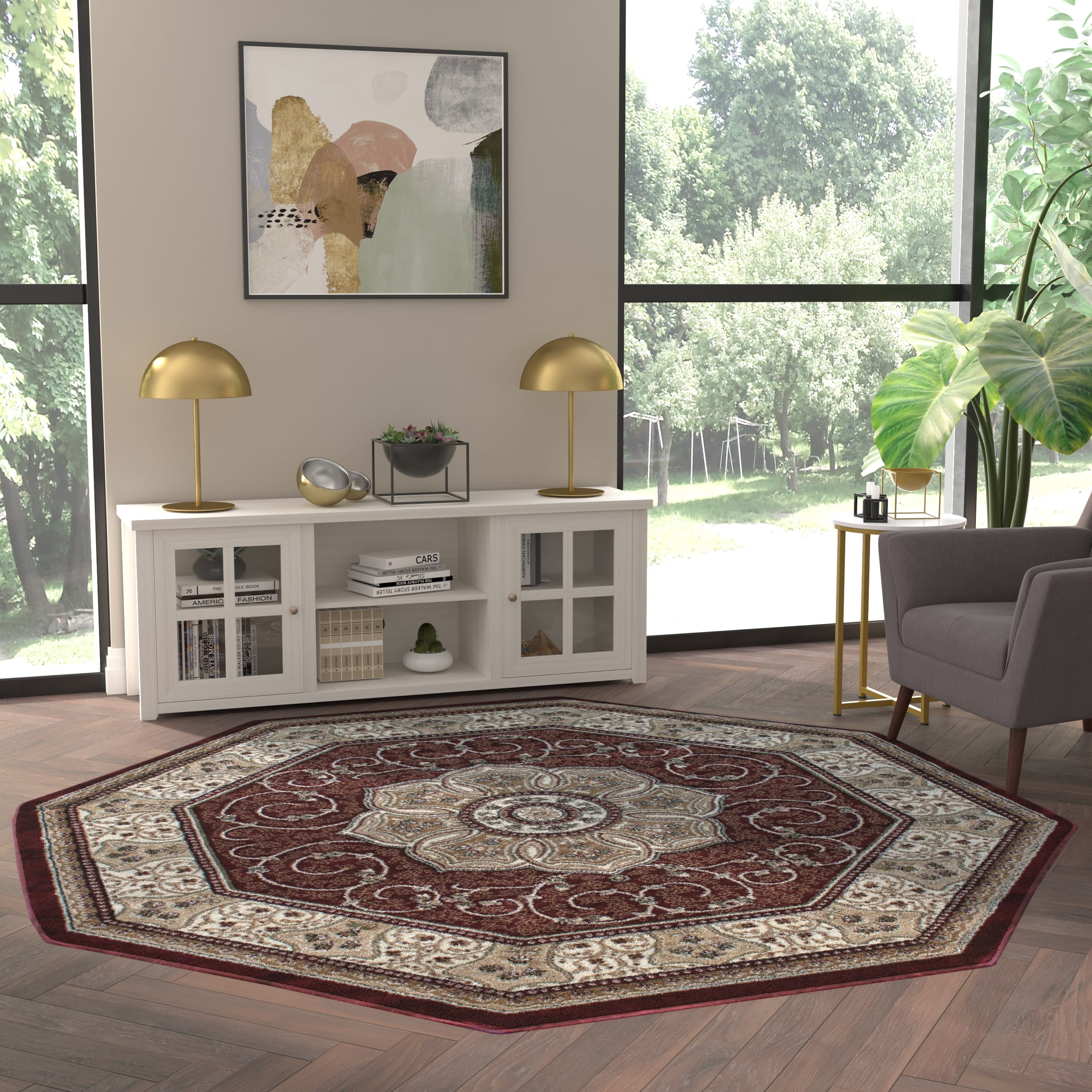 Emma + Oliver 7x7 Burgundy Octagon Accent Rug with Elegant Floral ...
