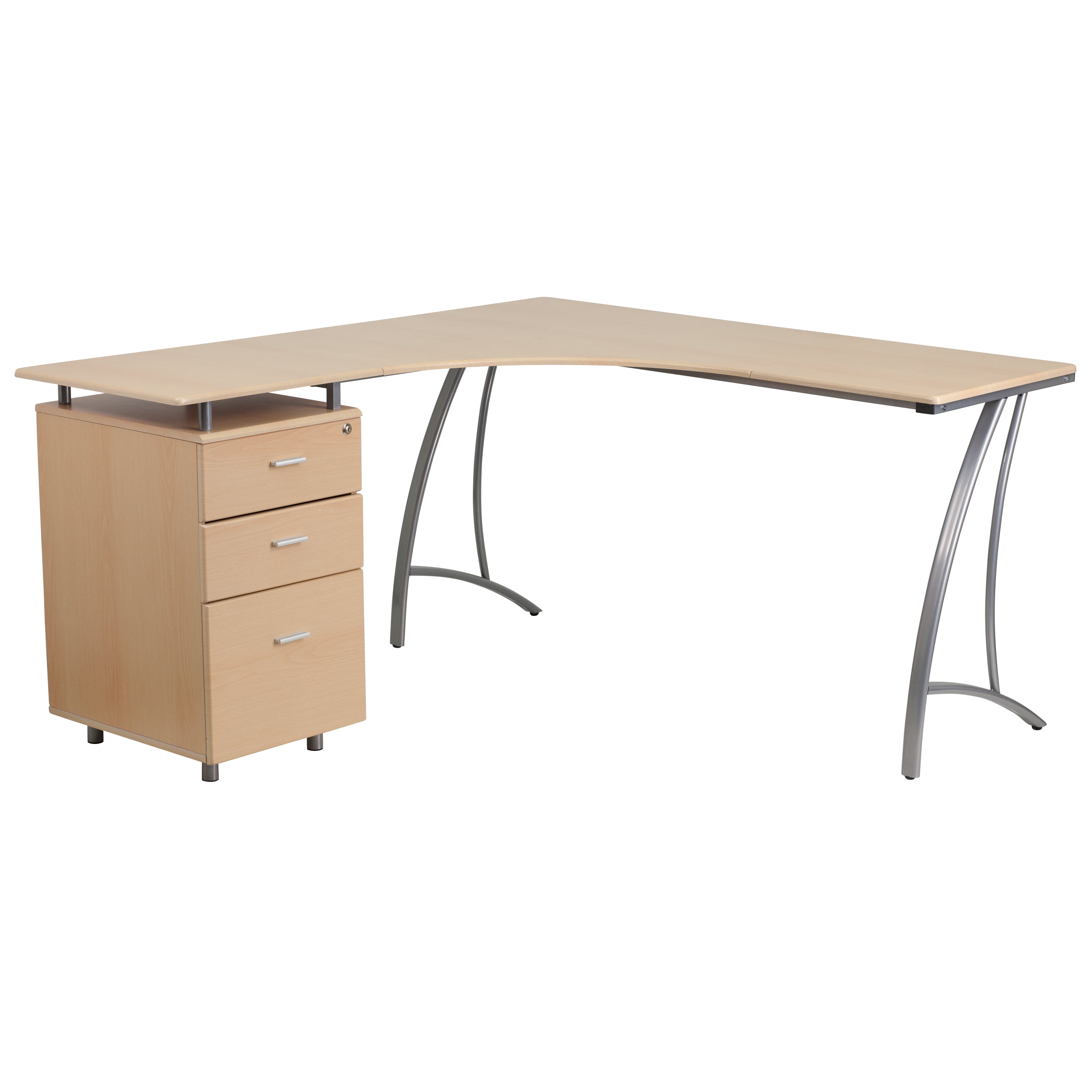 Emma + Oliver Beech Laminate L-Shape Desk with Three Drawer Pedestal ...