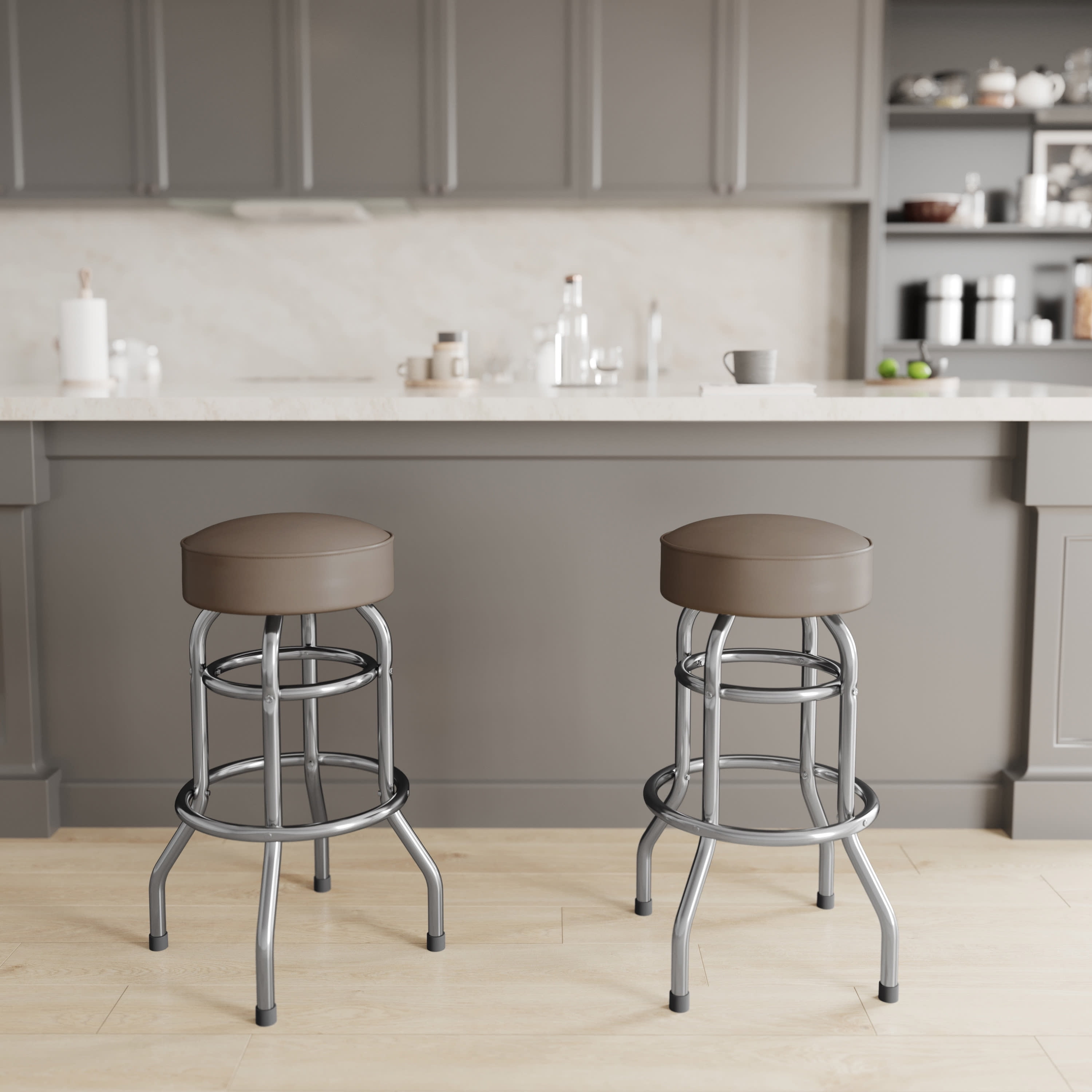 Emma + Oliver Beige Swivel Seat Double Ring Bar Stool - Set of 2 - Walmart.com