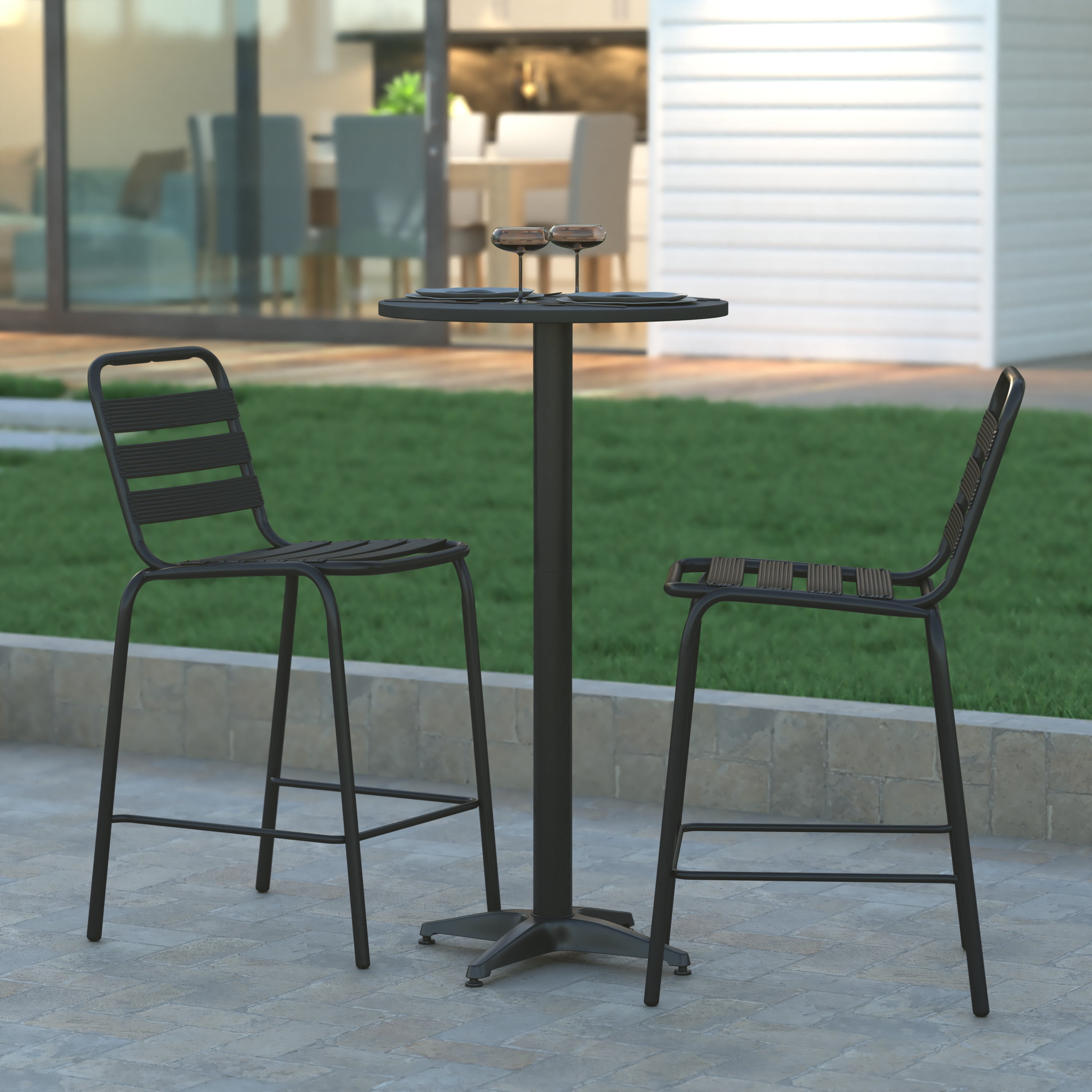 EMMA + OLIVER Black 23.25'' Round Bar Height Metal Table, Flip-Up Top ...